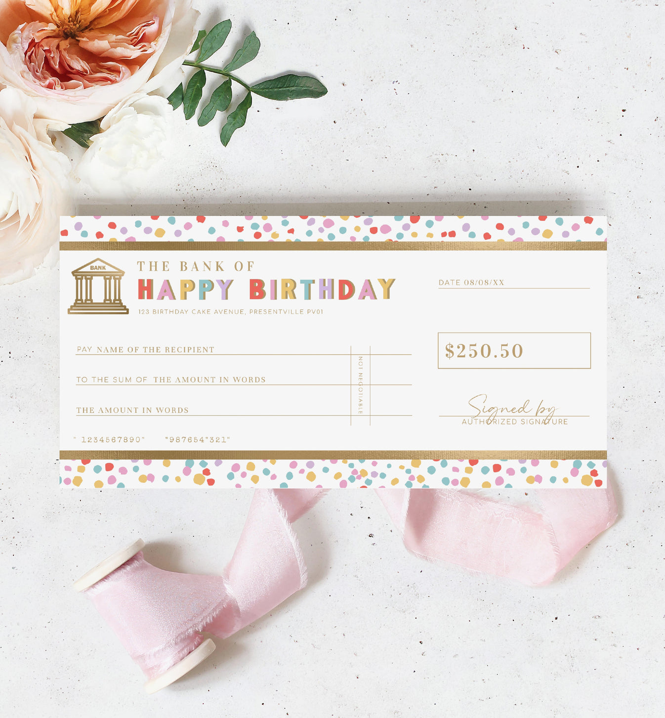 Dot Multi | Printable Birthday Cheque Gift Voucher Template – Black Bow ...