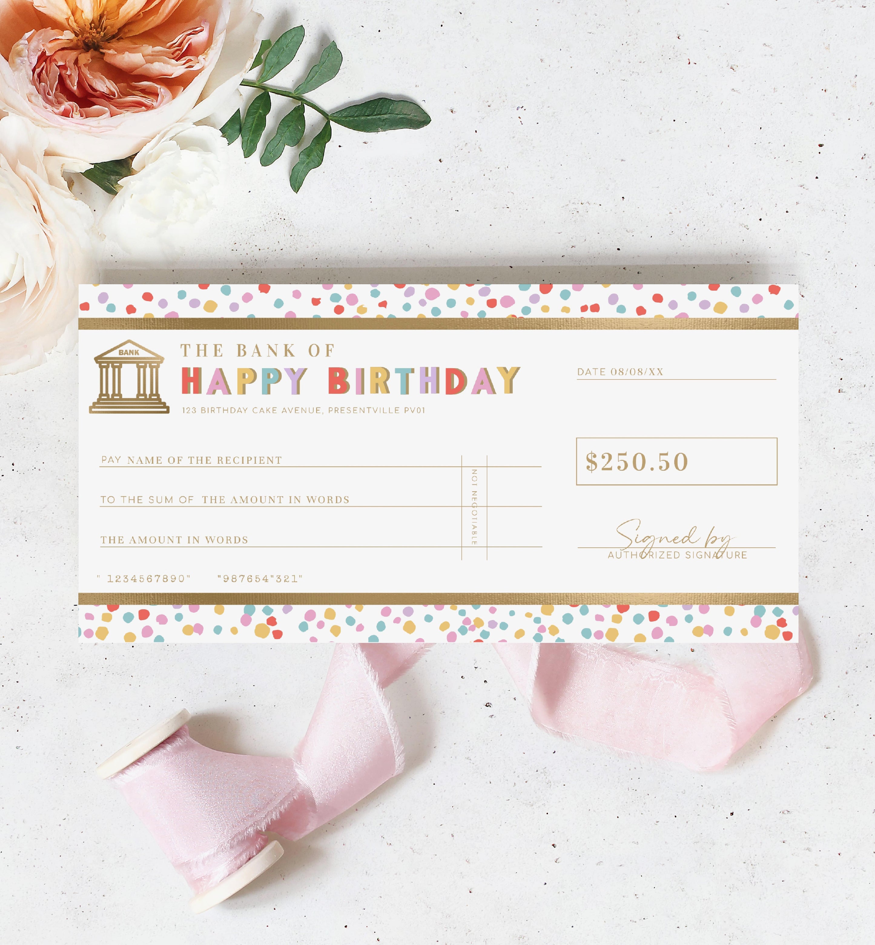 Dot Multi | Printable Birthday Cheque Gift Voucher Template – Black Bow ...
