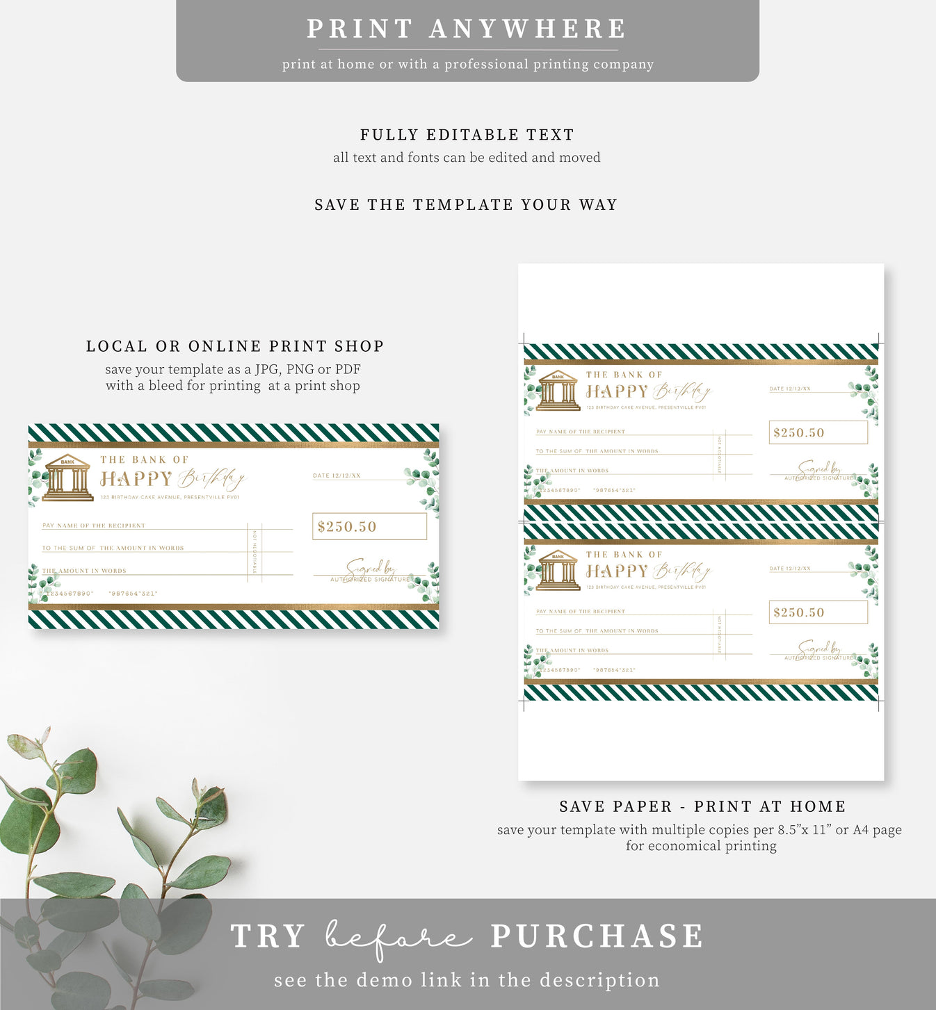 Ferras Green Gold | Printable Birthday Cheque Gift Voucher Template ...