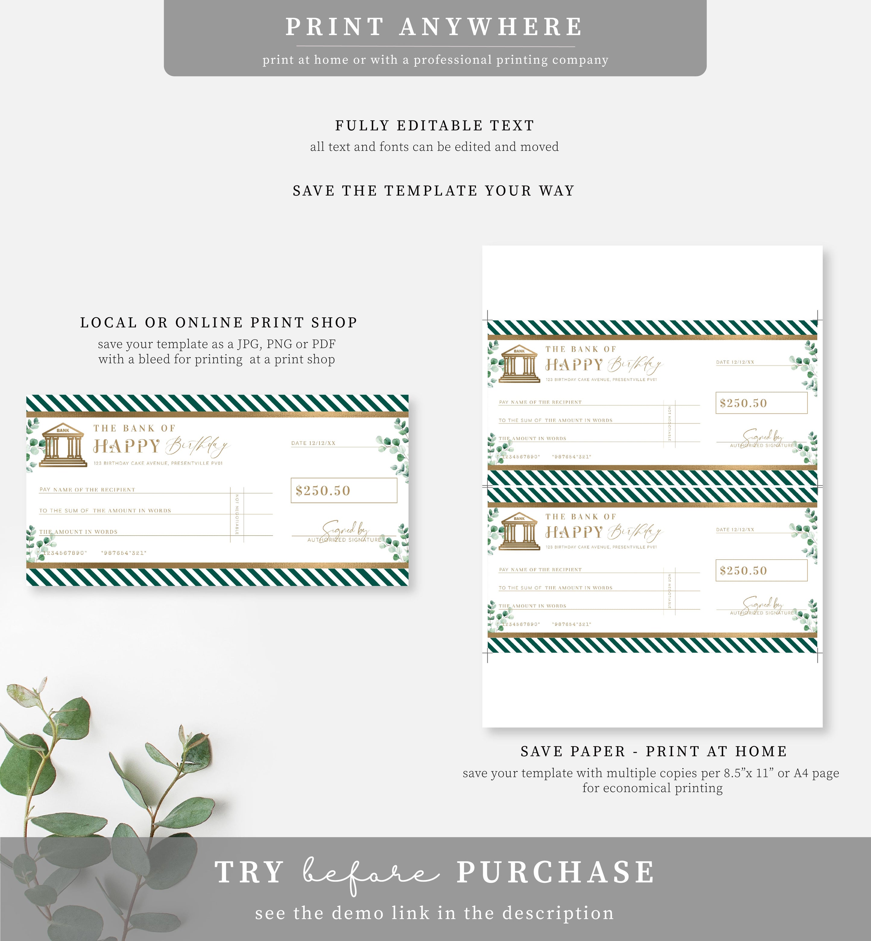 Ferras Green Gold | Printable Birthday Cheque Gift Voucher Template ...
