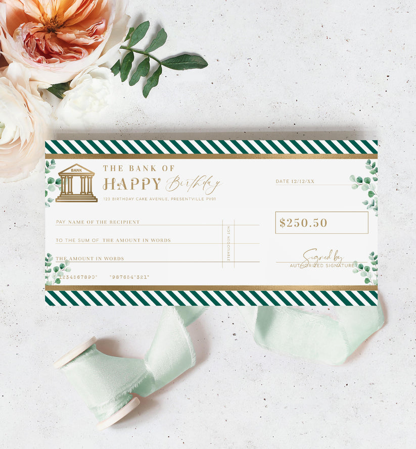 Ferras Green Gold | Printable Birthday Cheque Gift Voucher Template ...
