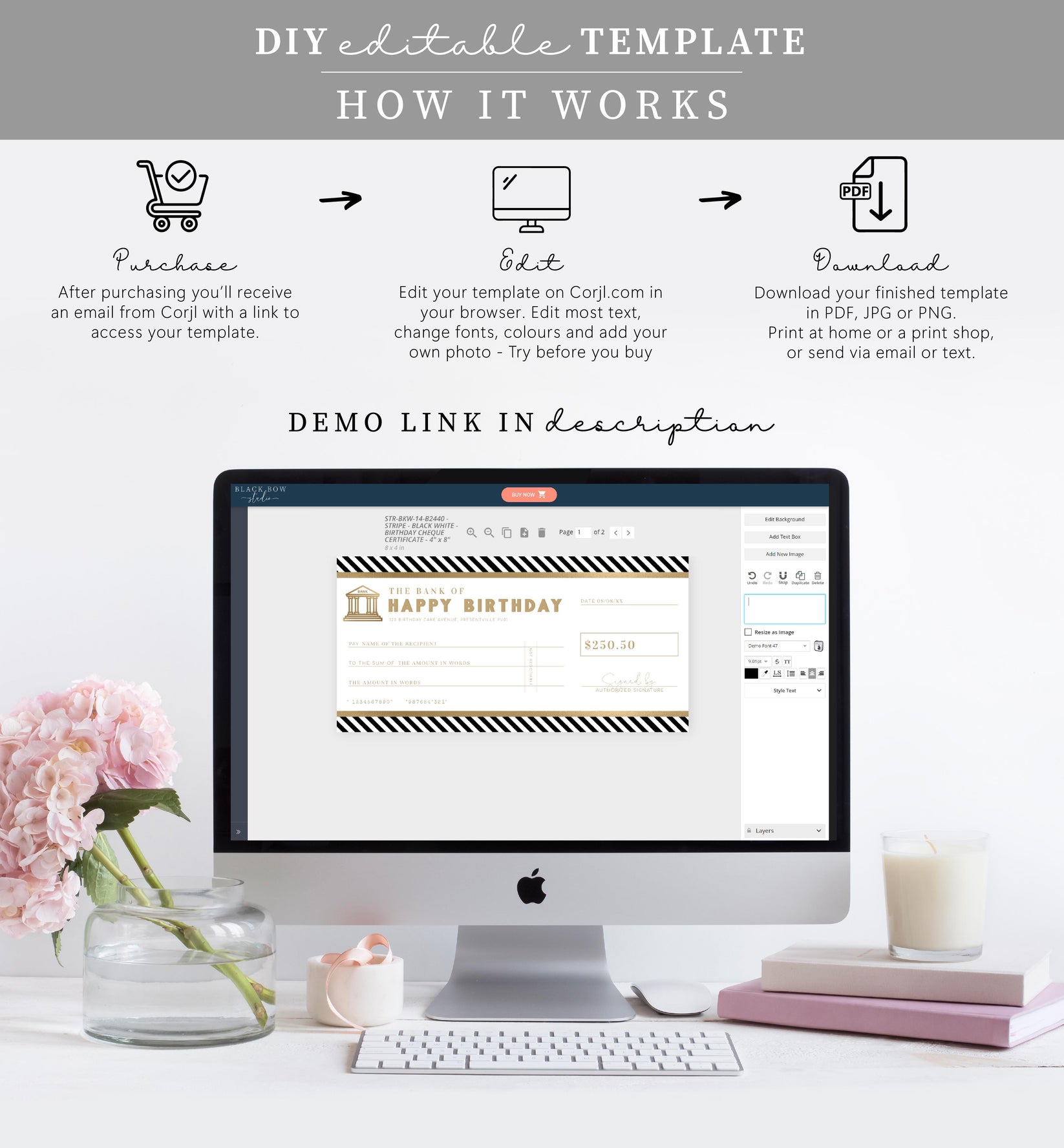 Stripe Black Gold | Printable Birthday Cheque Gift Voucher Template ...