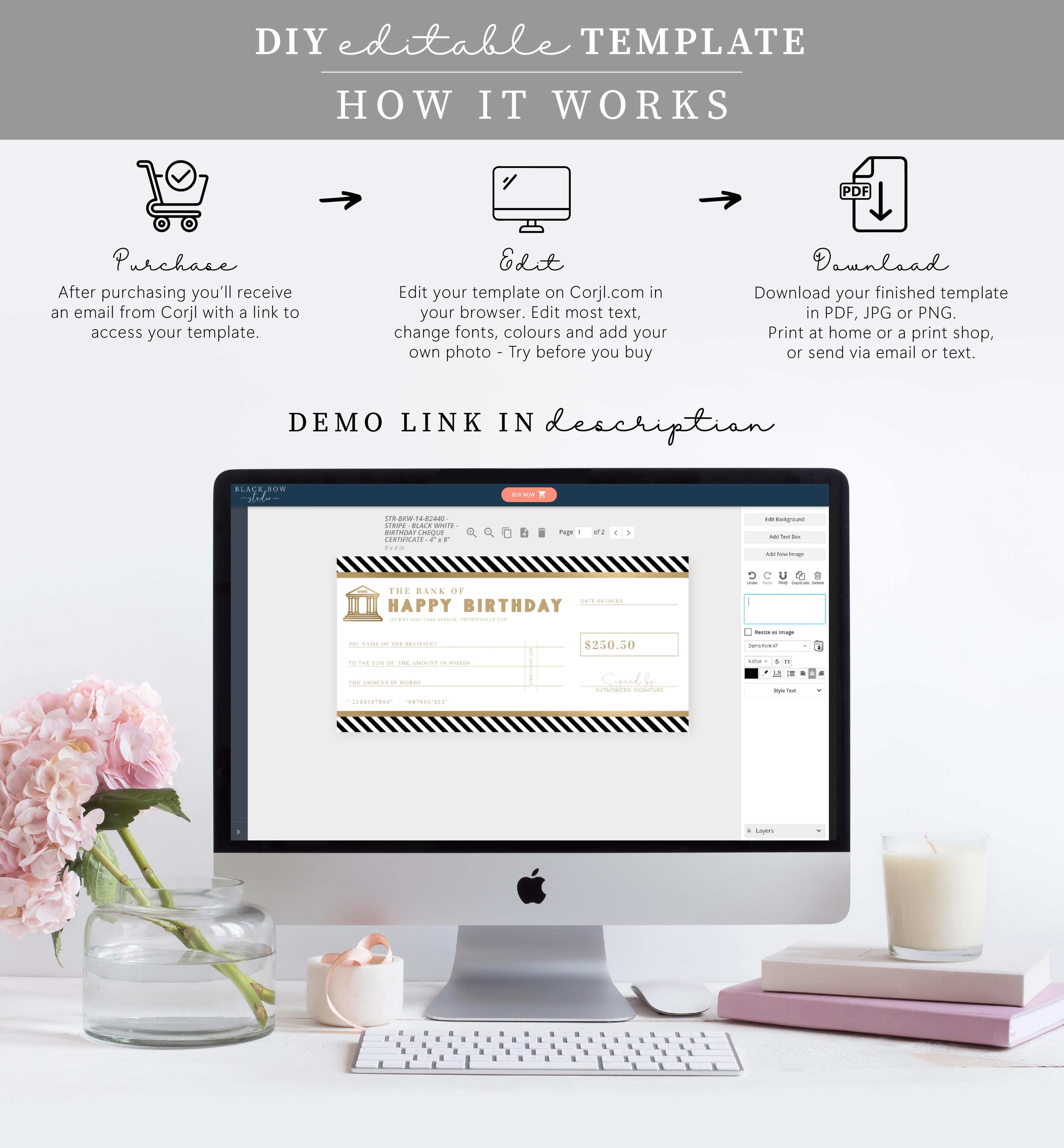 Stripe Black Gold | Printable Birthday Cheque Gift Voucher Template ...