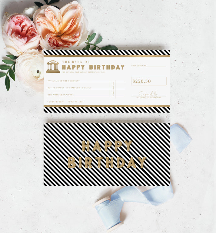 Stripe Black Gold | Printable Birthday Cheque Gift Voucher Template ...