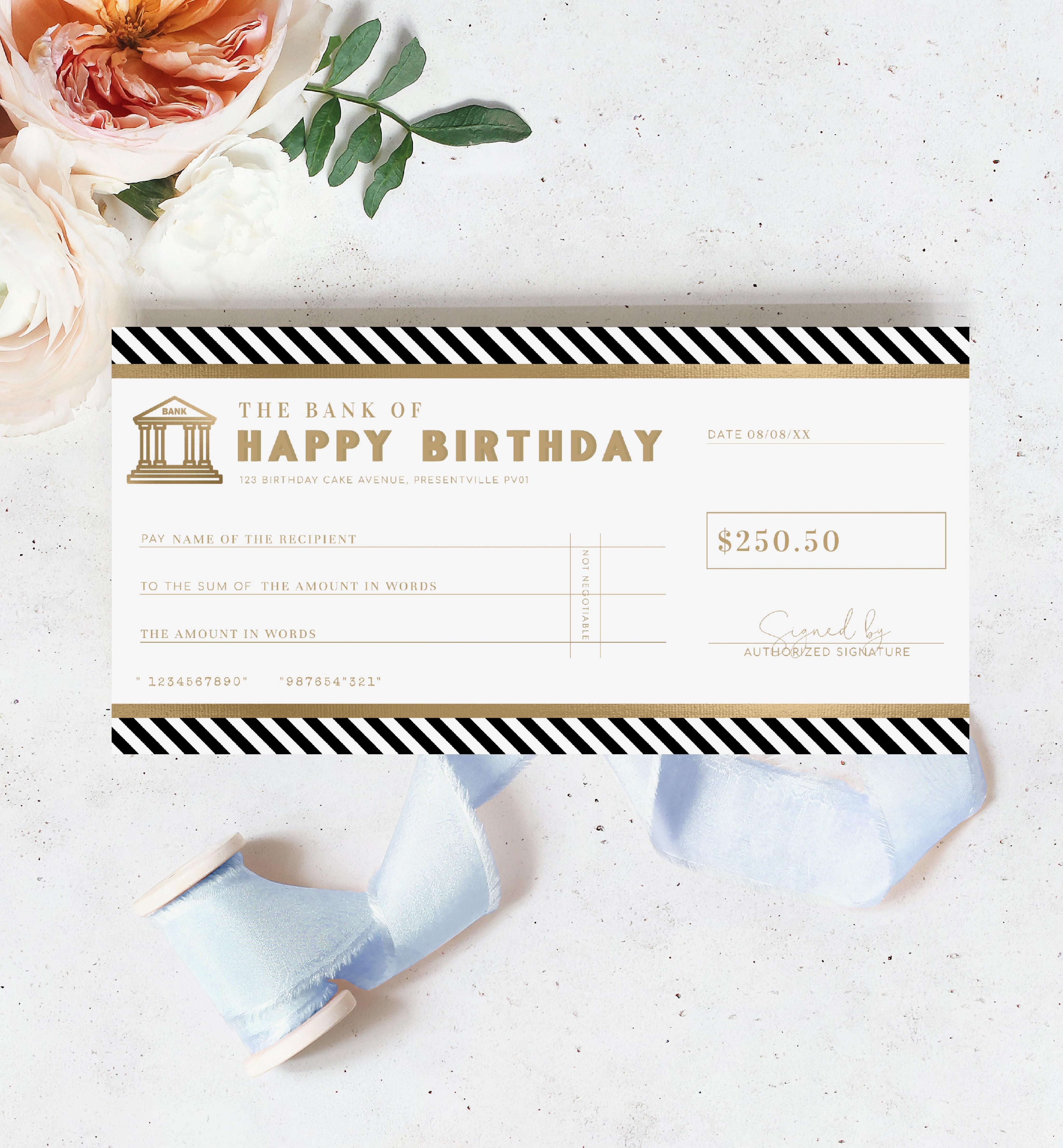 Stripe Black Gold | Printable Birthday Cheque Gift Voucher Template ...