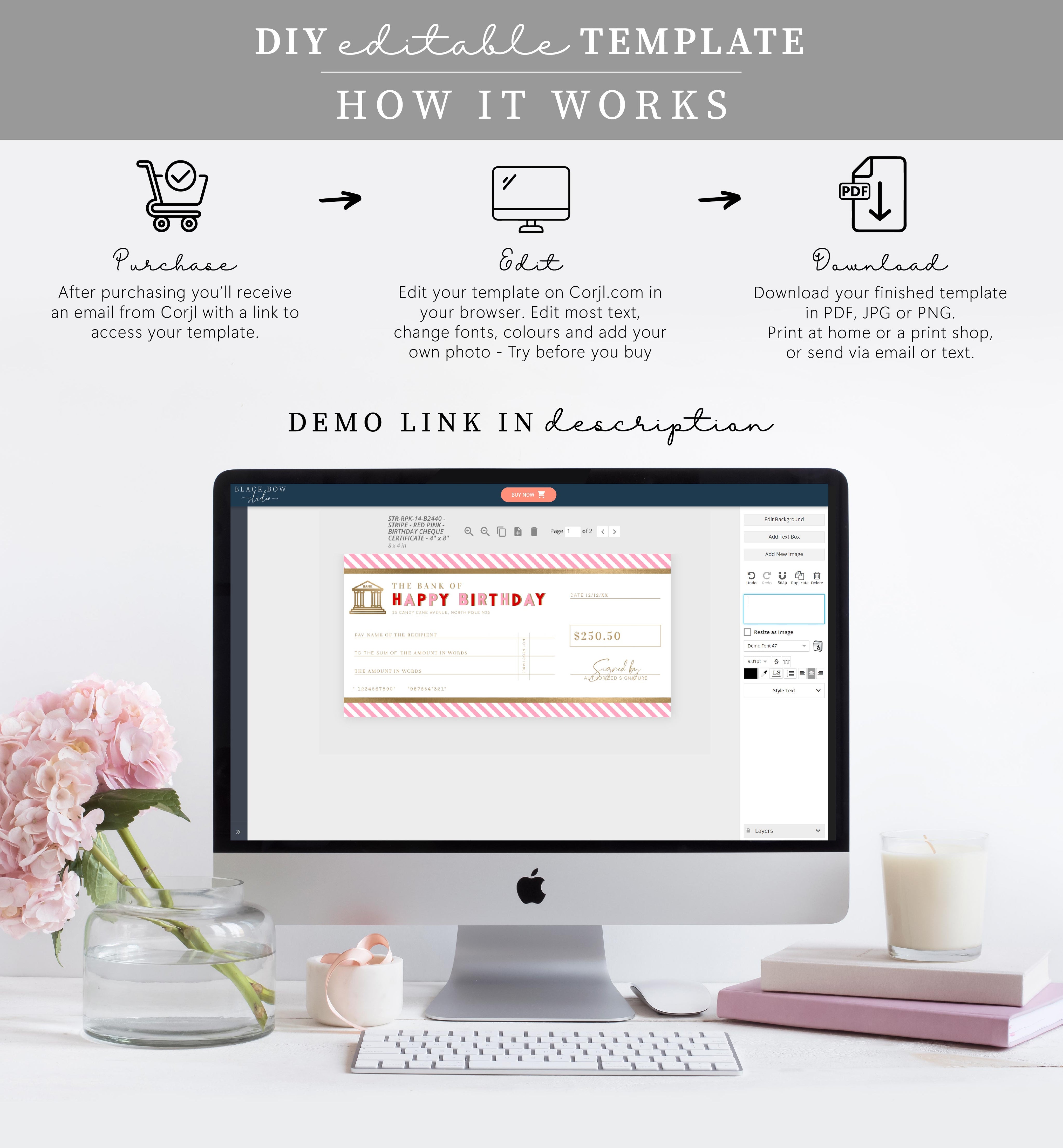 Stripe Pink Red Gold | Printable Birthday Cheque Gift Voucher Template ...