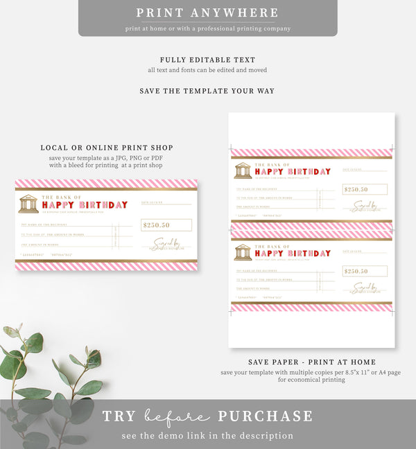 Stripe Pink Red Gold | Printable Birthday Cheque Gift Voucher Template ...