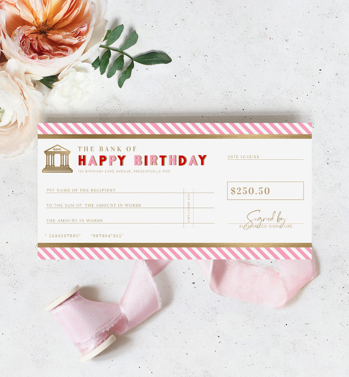 Stripe Pink Red Gold | Printable Birthday Cheque Gift Voucher Template ...