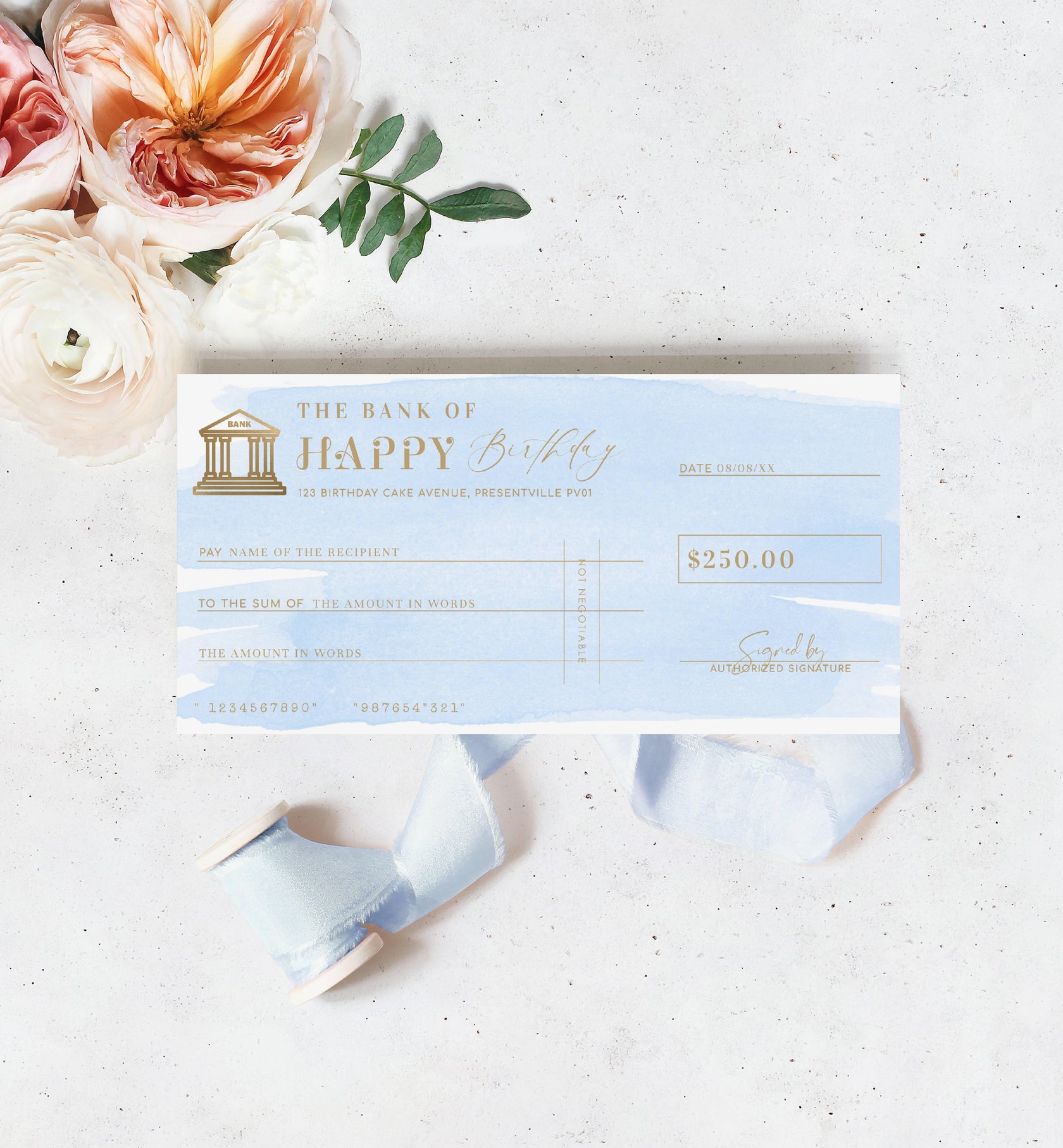 Watercolour Blue | Printable Birthday Cheque Gift Voucher Template ...