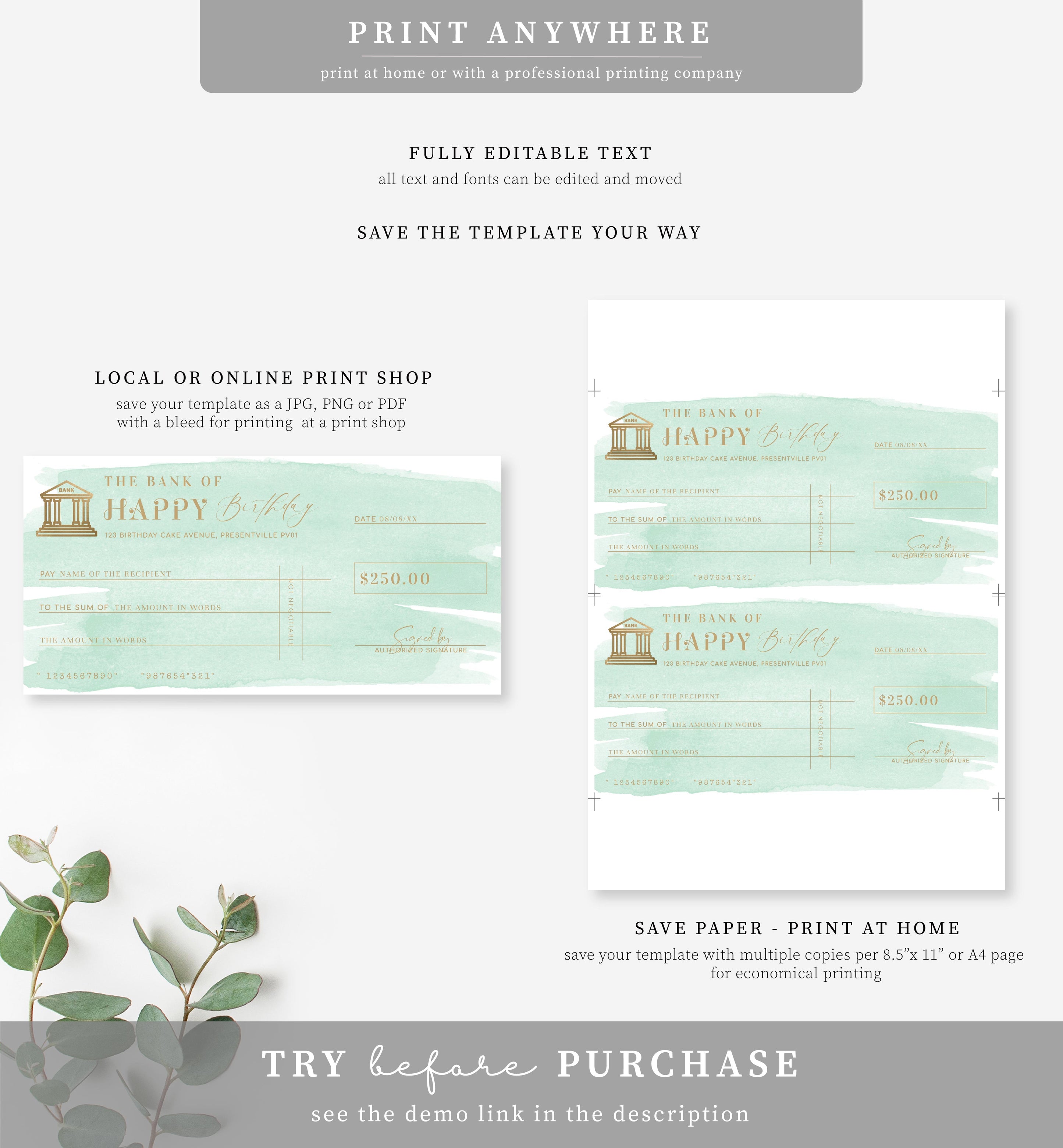 Watercolour Green | Printable Birthday Cheque Gift Voucher Template ...