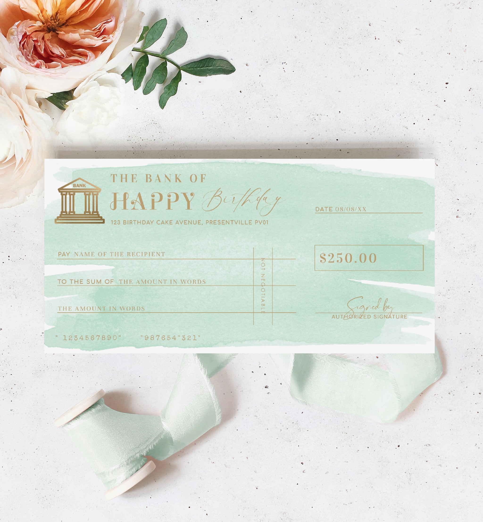 Watercolour Green | Printable Birthday Cheque Gift Voucher Template ...