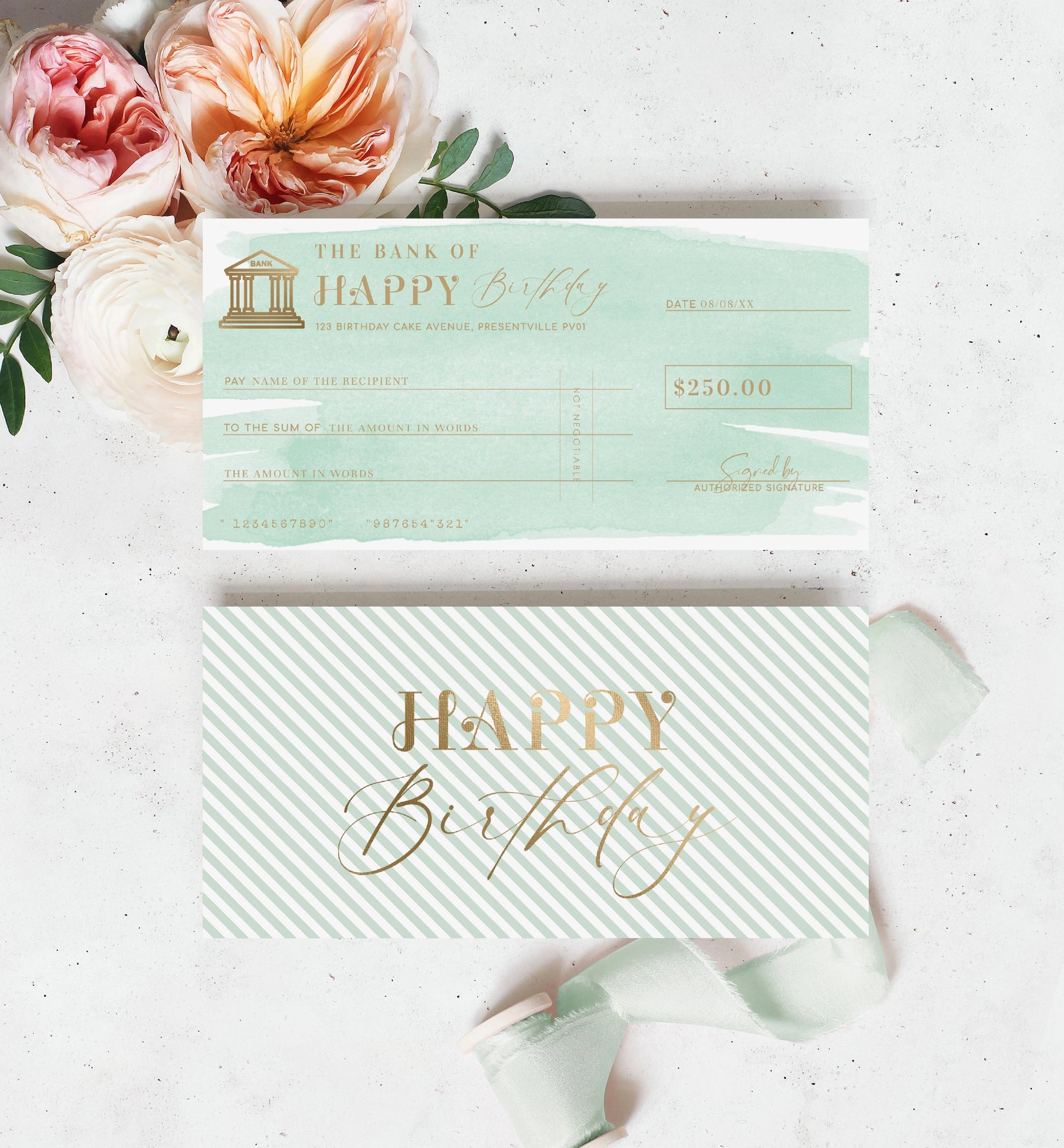 Watercolour Green | Printable Birthday Cheque Gift Voucher Template ...