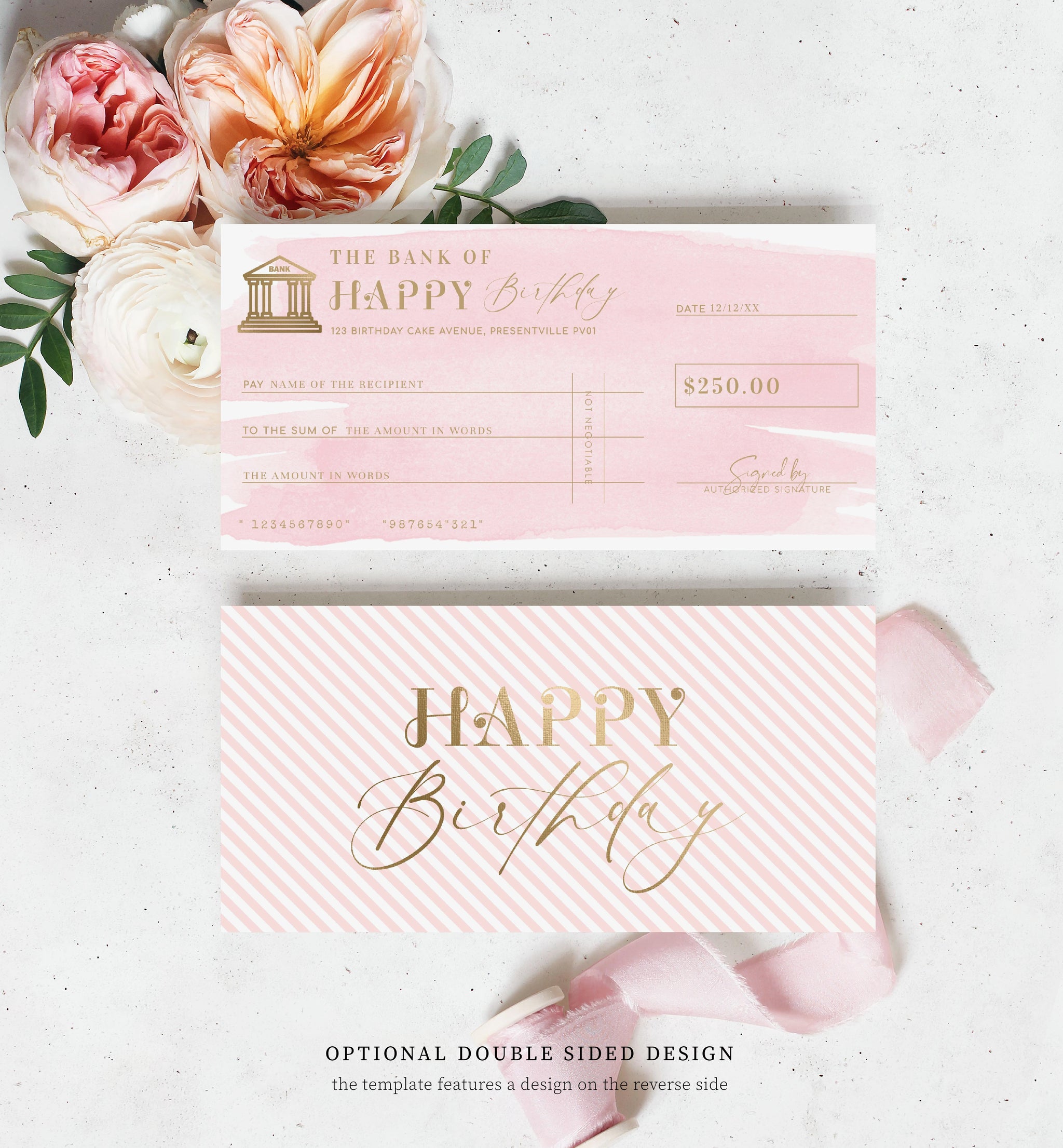 Watercolour Pink | Printable Birthday Cheque Gift Voucher Template ...
