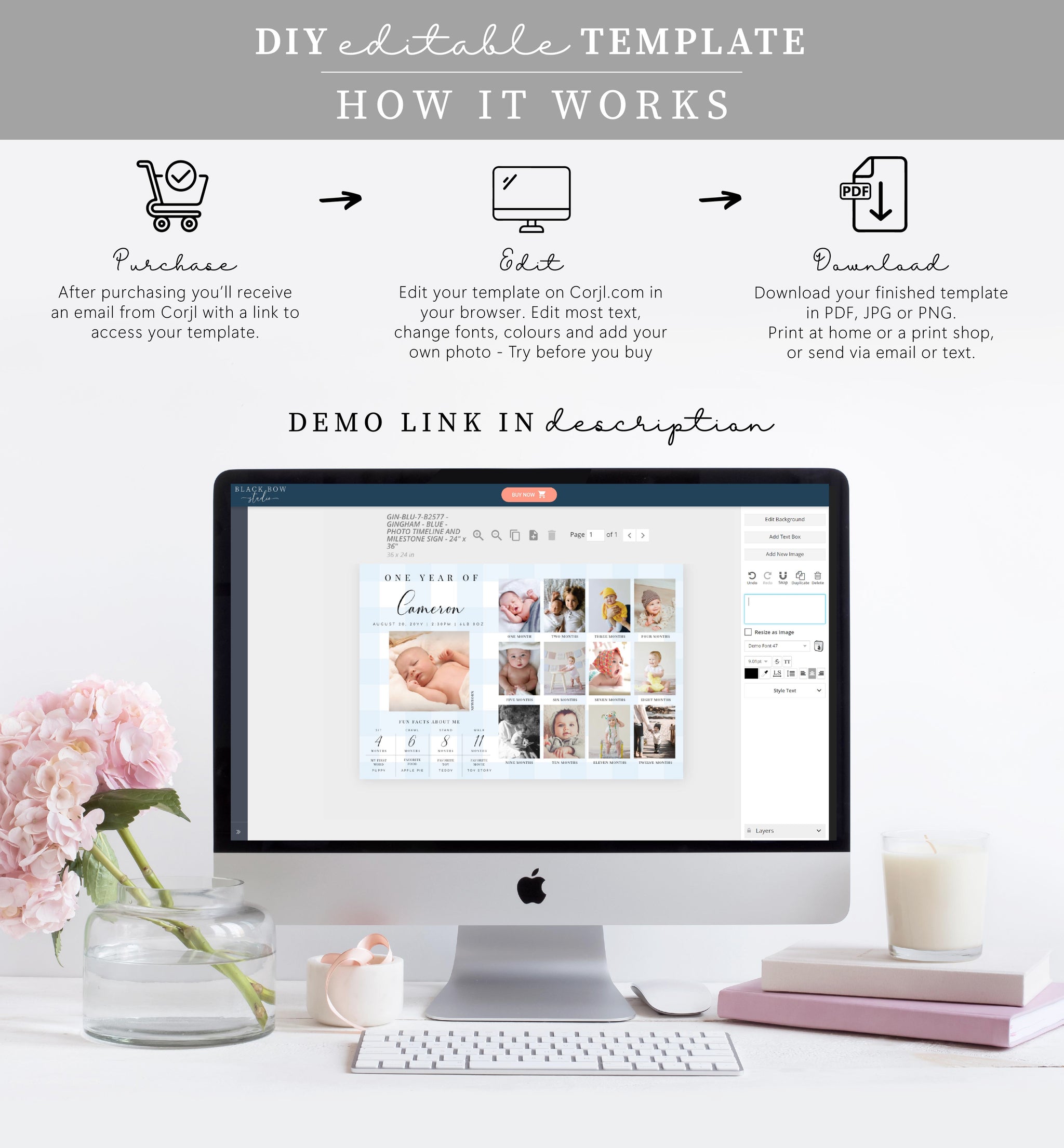 Gingham Blue | Printable Birthday Photo Timeline Sign Template – Black ...