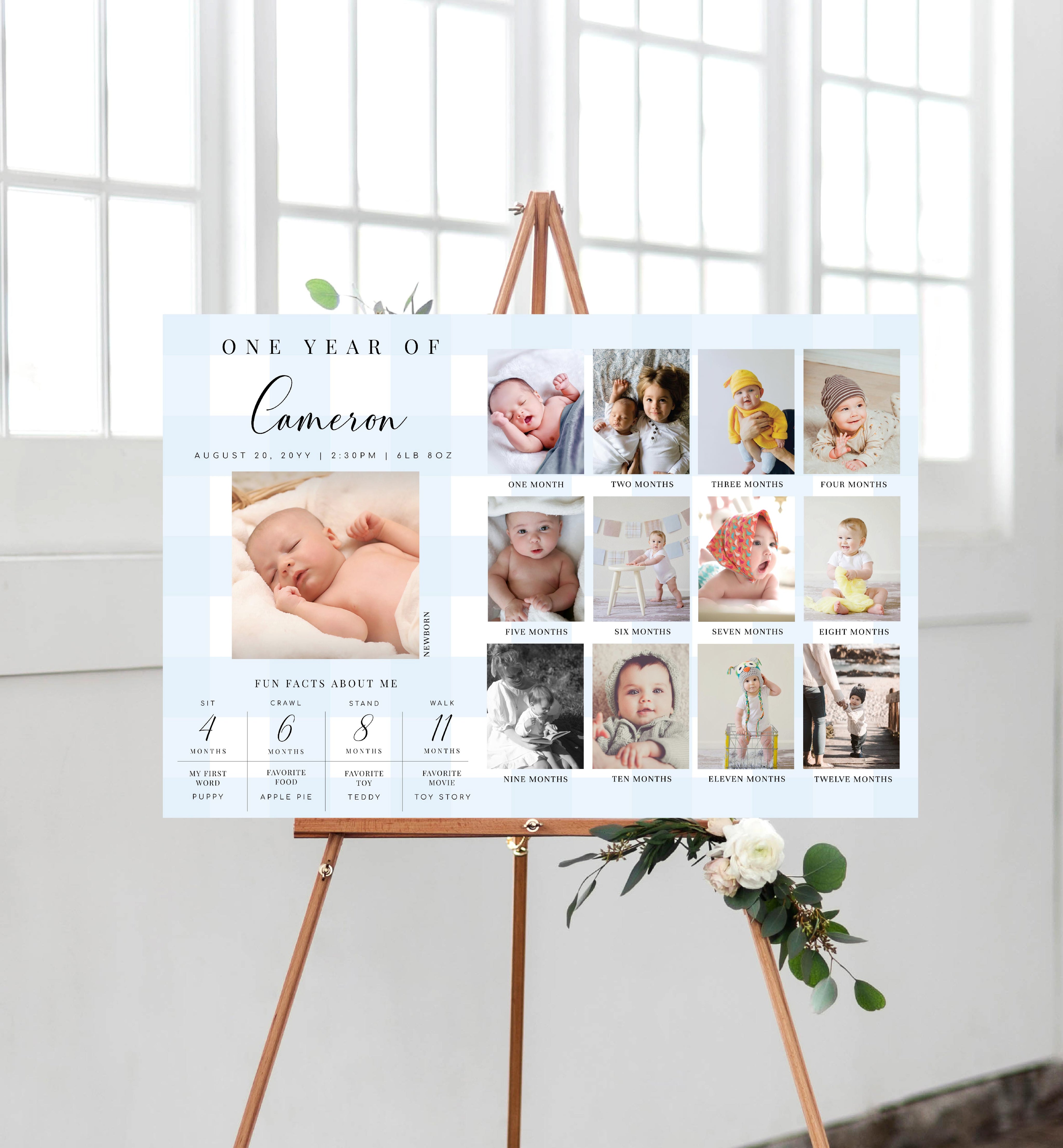 Gingham Blue | Printable Birthday Photo Timeline Sign Template – Black ...