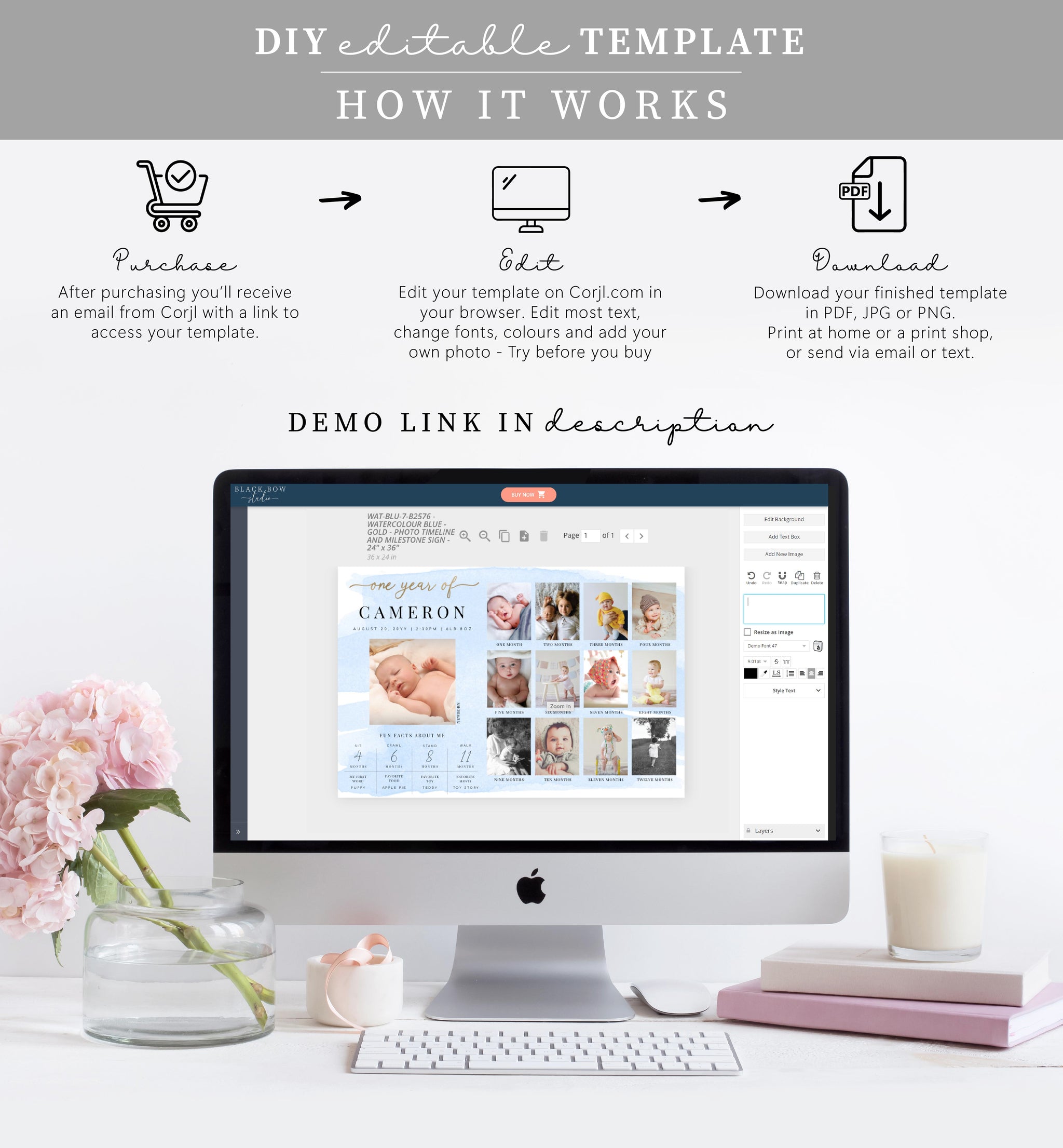 Watercolour Blue | Printable First Year Photo Timeline Sign Template ...