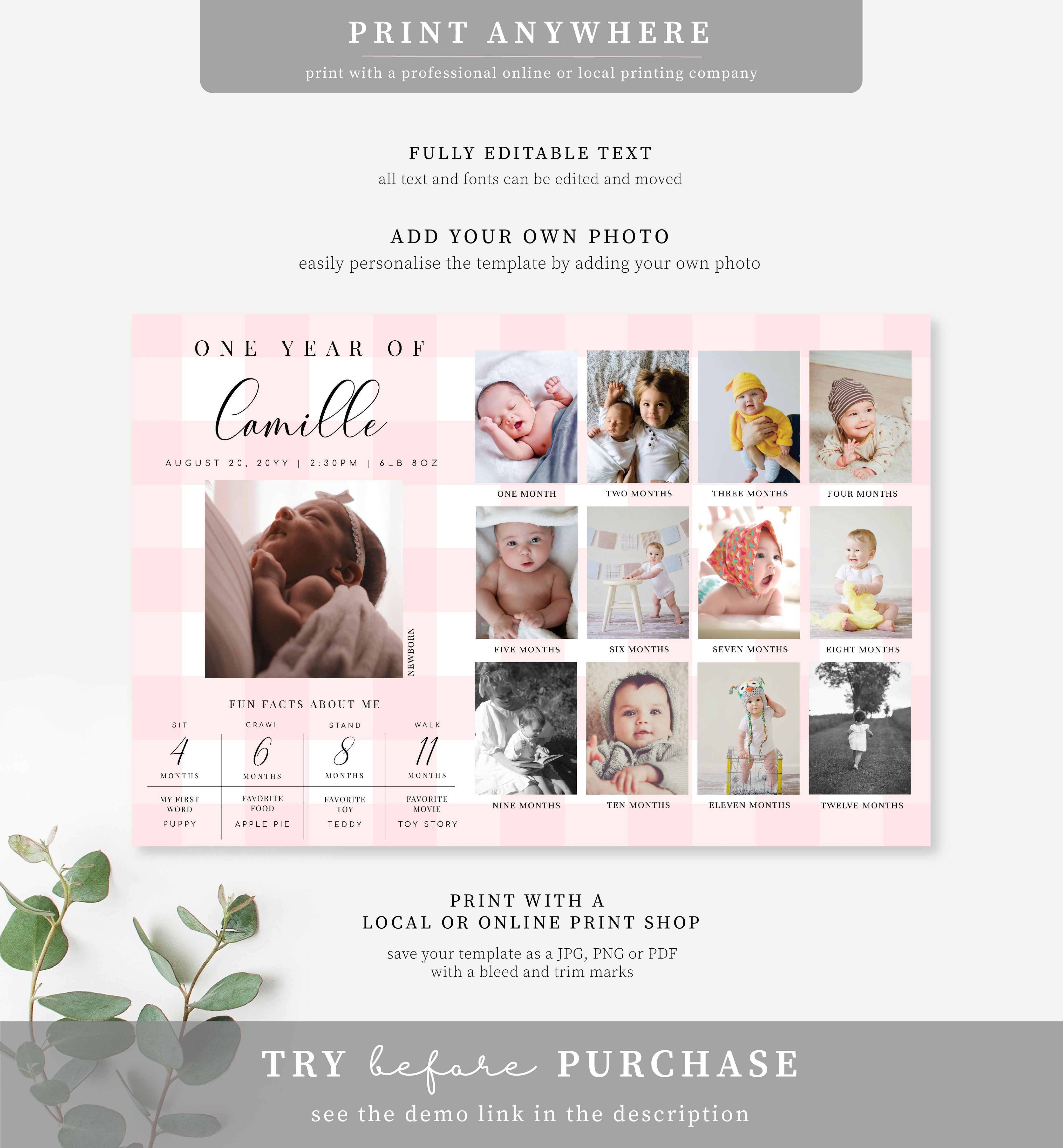 Gingham Pink | Printable Birthday Photo Timeline Sign Template – Black ...