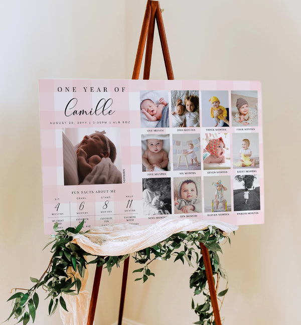Gingham Pink | Printable Birthday Photo Timeline Sign Template – Black ...