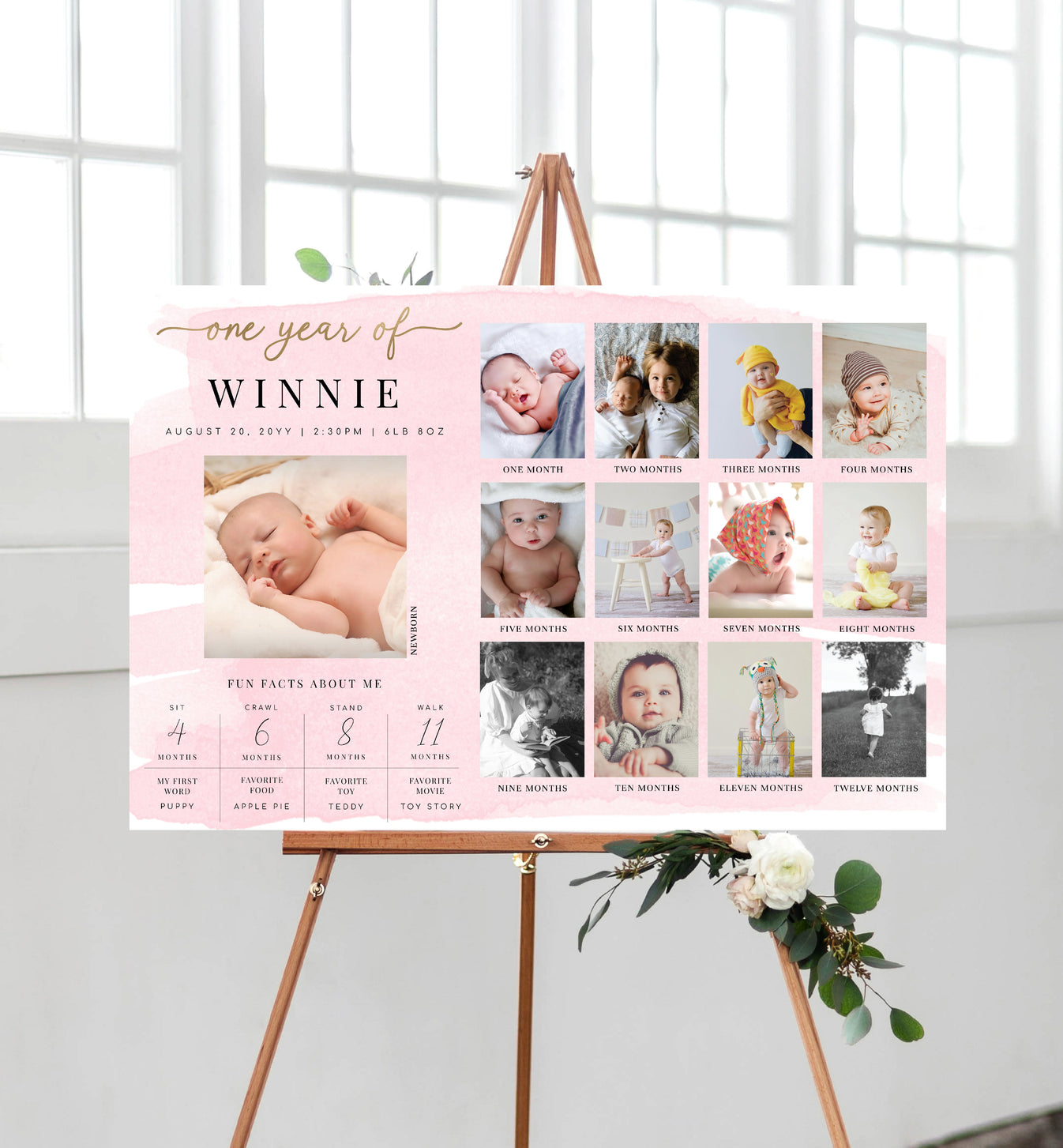 Watercolour Pink | Printable First Year Photo Timeline Sign Template ...