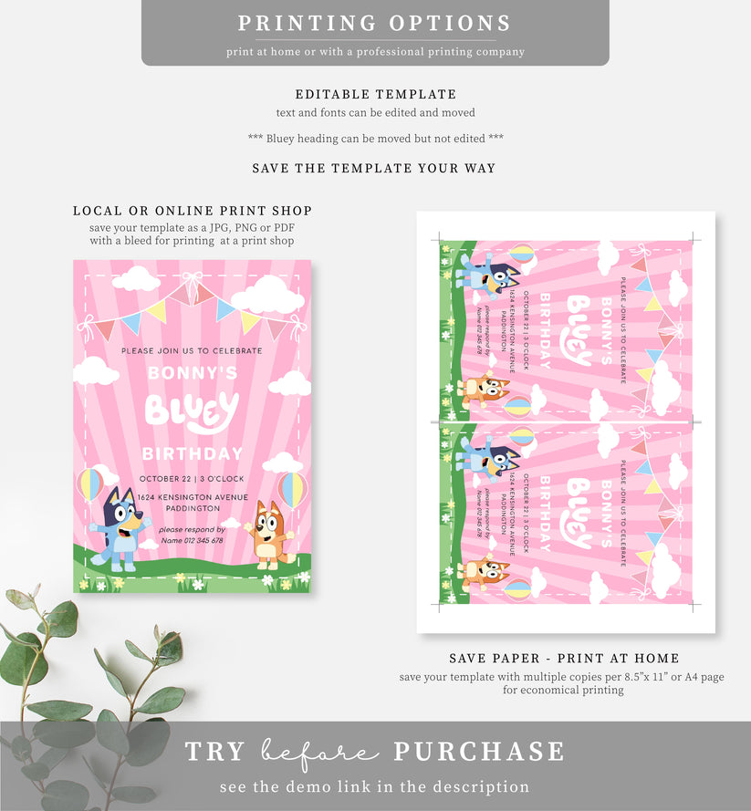 Bluey Pink | Printable Birthday Invitation Template – Black Bow Studio