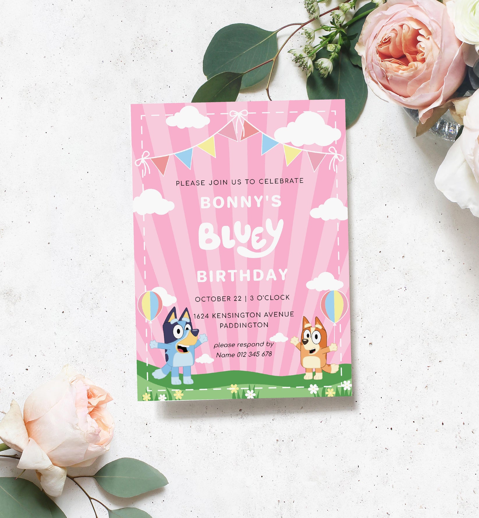 Bluey Pink | Printable Birthday Invitation Template – Black Bow Studio