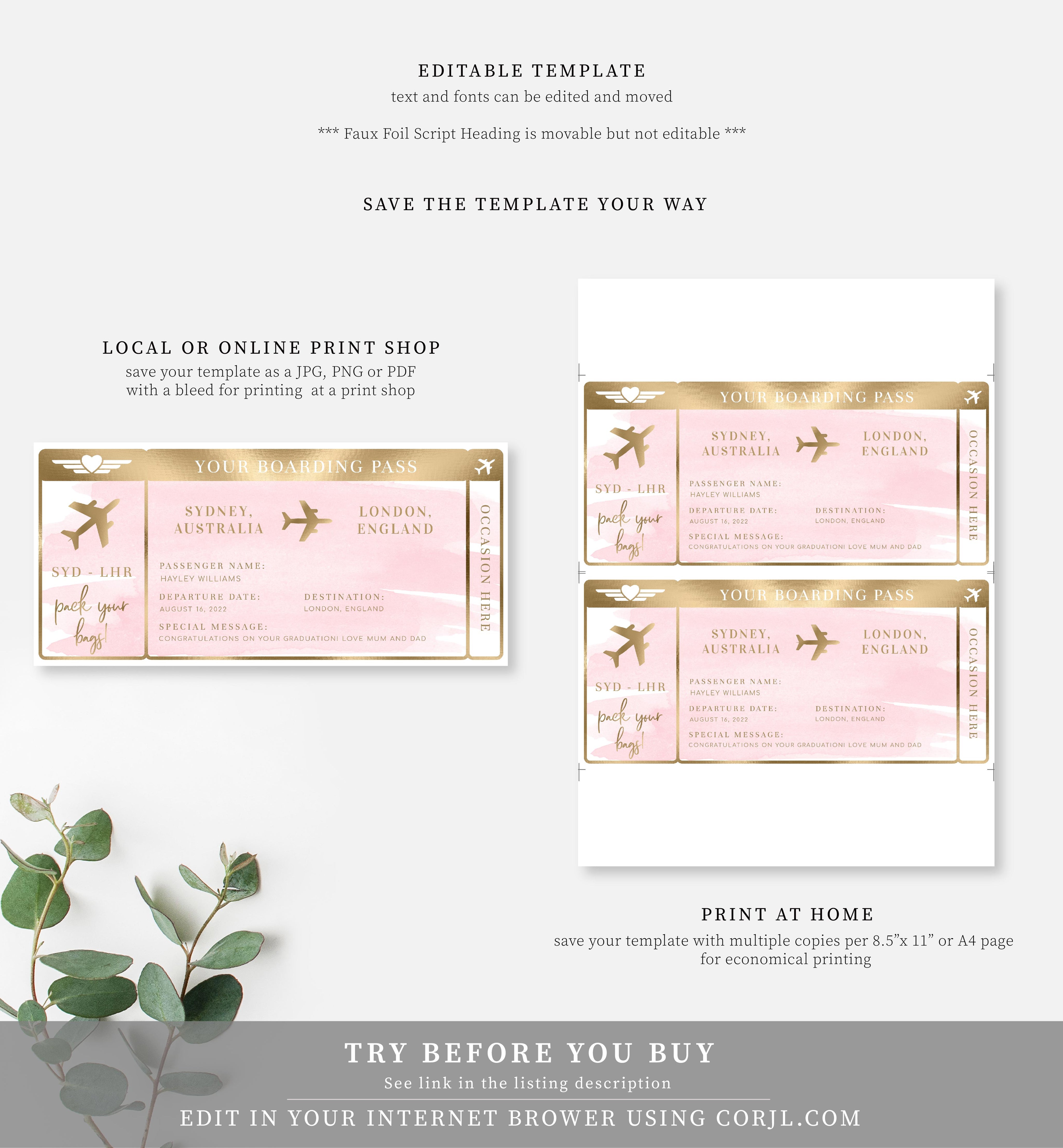 Watercolour Pink | Printable Boarding Pass – Black Bow Studio