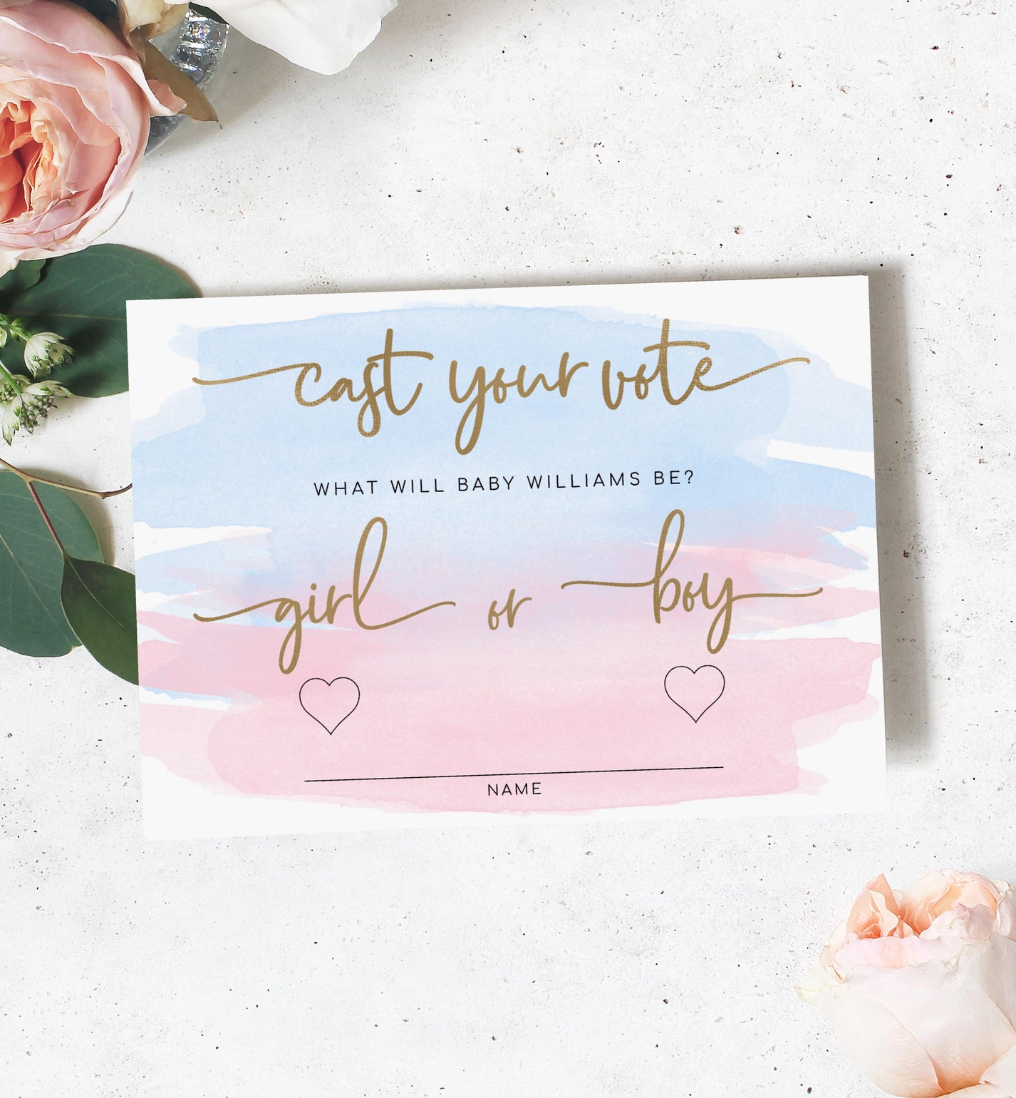 Watercolour Pink Blue | Printable Gender Reveal Voting Game Card Templ ...