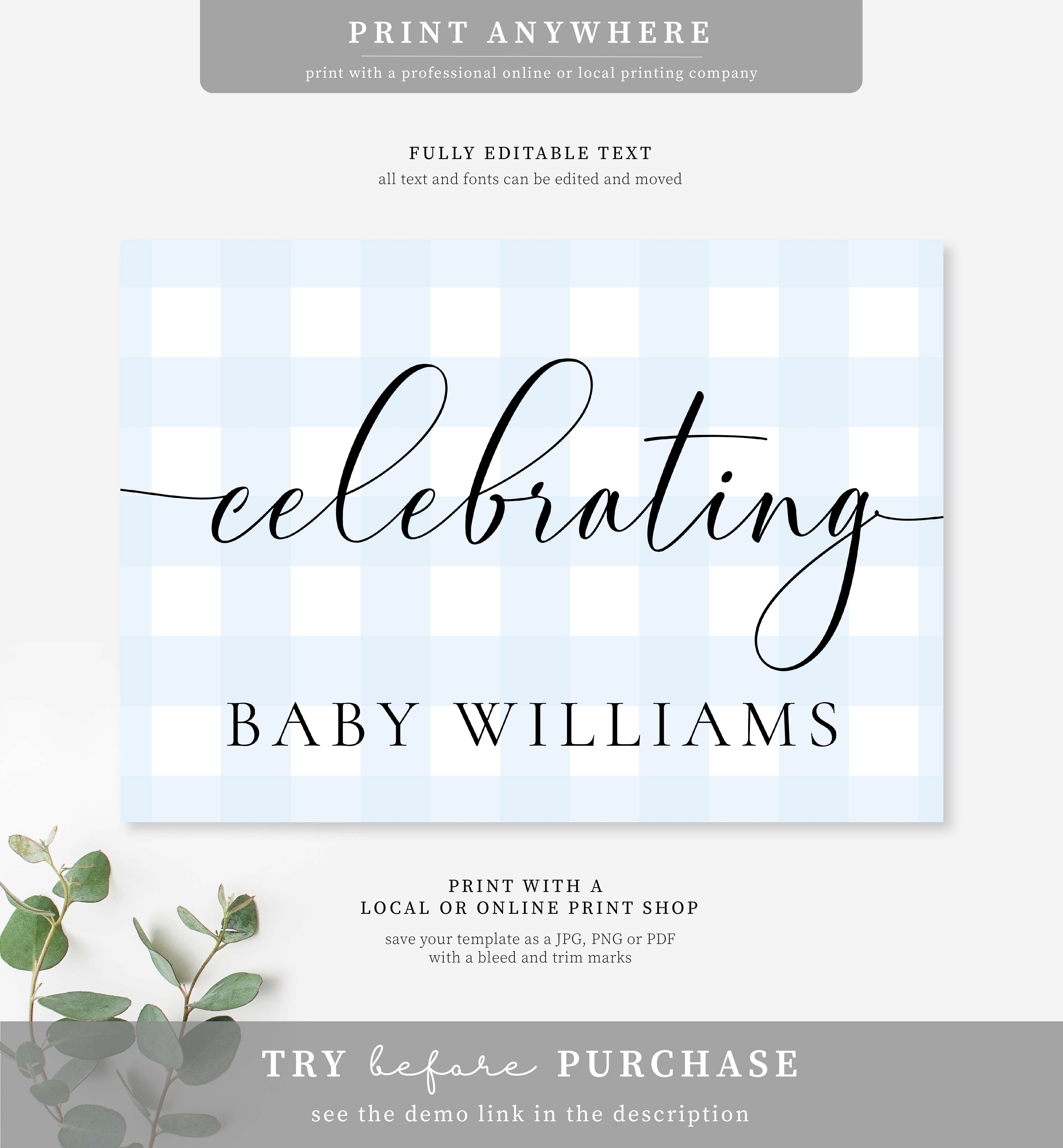 Gingham Blue | Printable Celebrating Welcome Sign Template – Black Bow ...