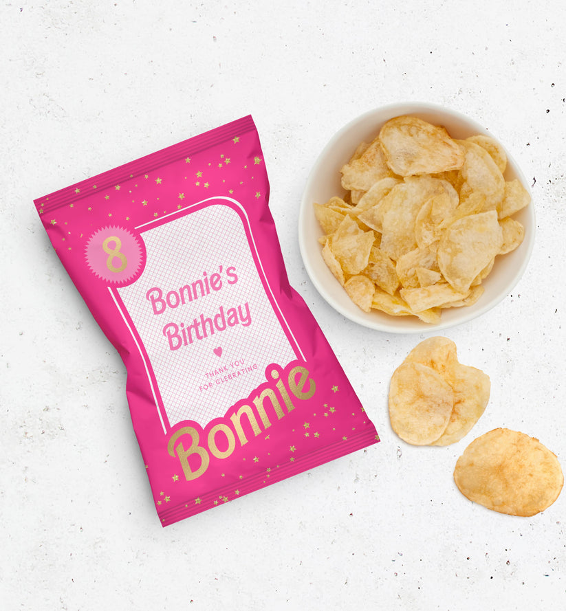 Barbie Party Hot Pink Gold | Printable Chip Packet Favour Template ...