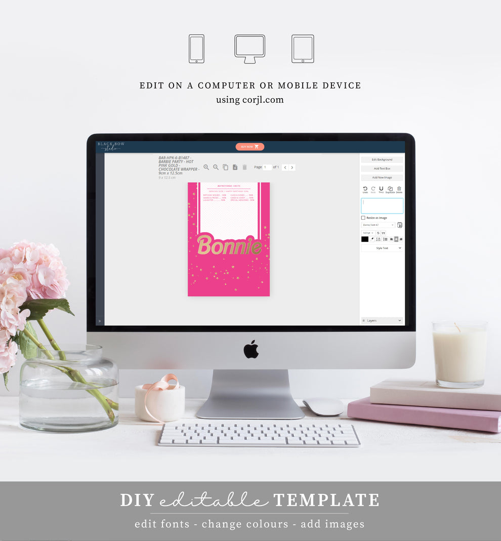 Barbie Party Hot Pink Gold | Printable Chocolate Bar Favour Wrappers T ...