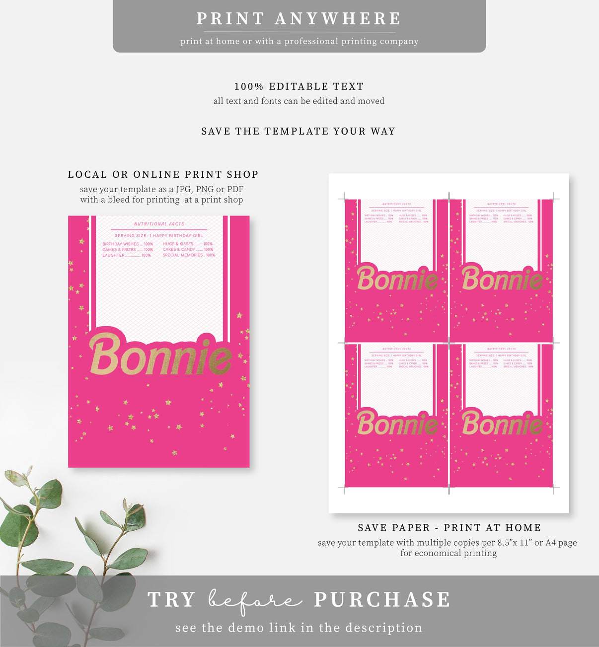 Barbie Party Hot Pink Gold | Printable Chocolate Bar Favour Wrappers T ...