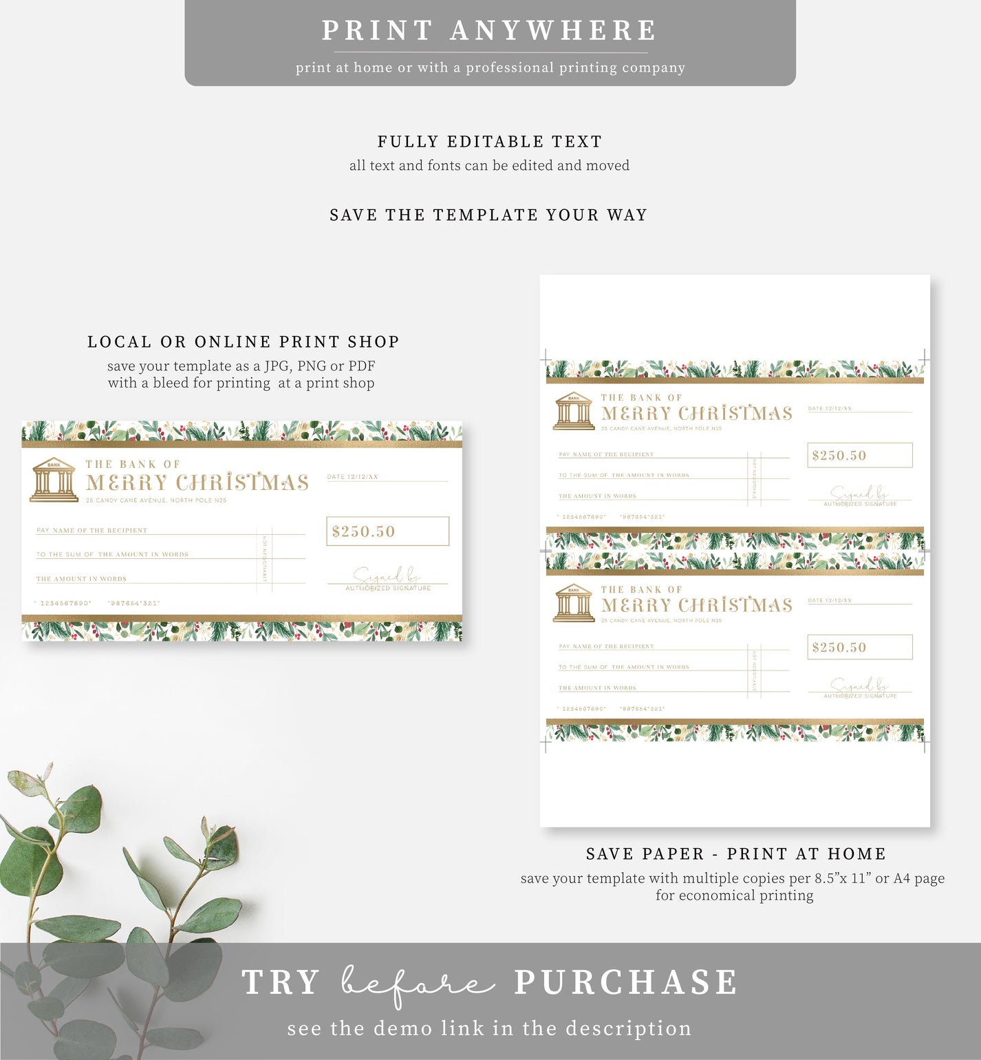 Merriment White Gold | Printable Christmas Cheque Gift Voucher – Black ...