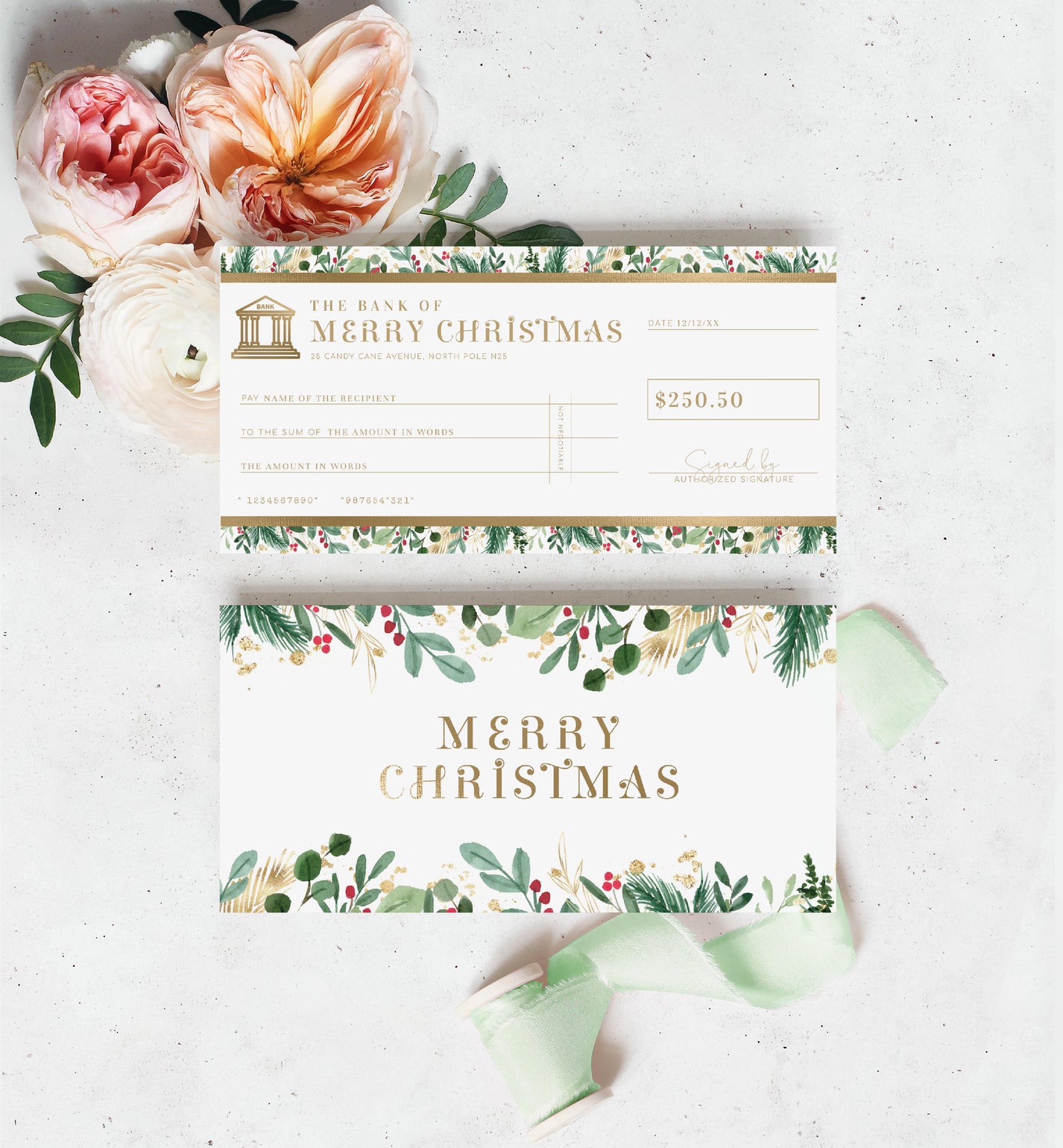 Merriment White Gold | Printable Christmas Cheque Gift Voucher – Black ...