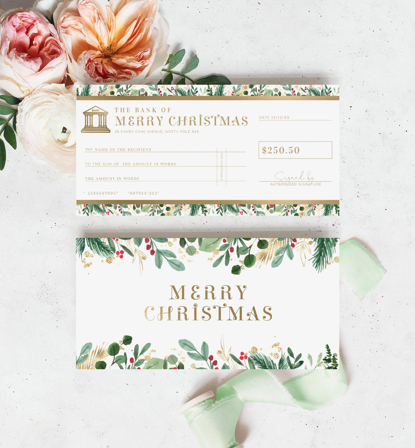 Merriment White Gold | Printable Christmas Cheque Gift Voucher – Black ...