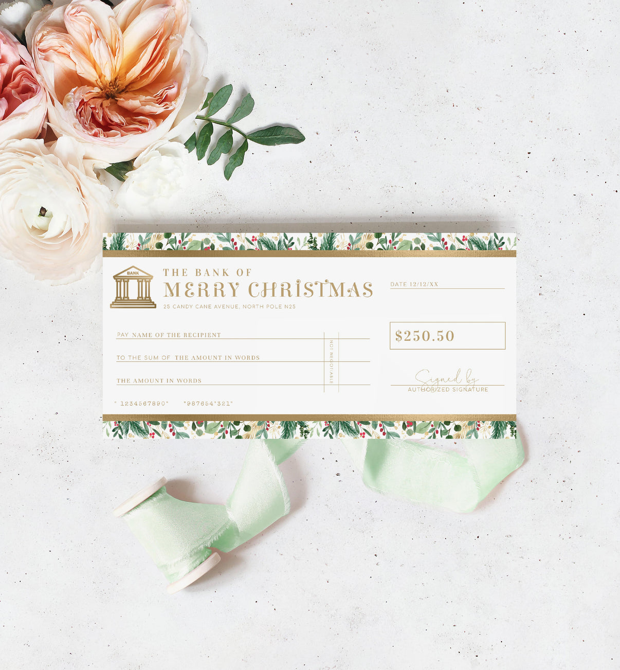 Merriment White Gold | Printable Christmas Cheque Gift Voucher – Black ...