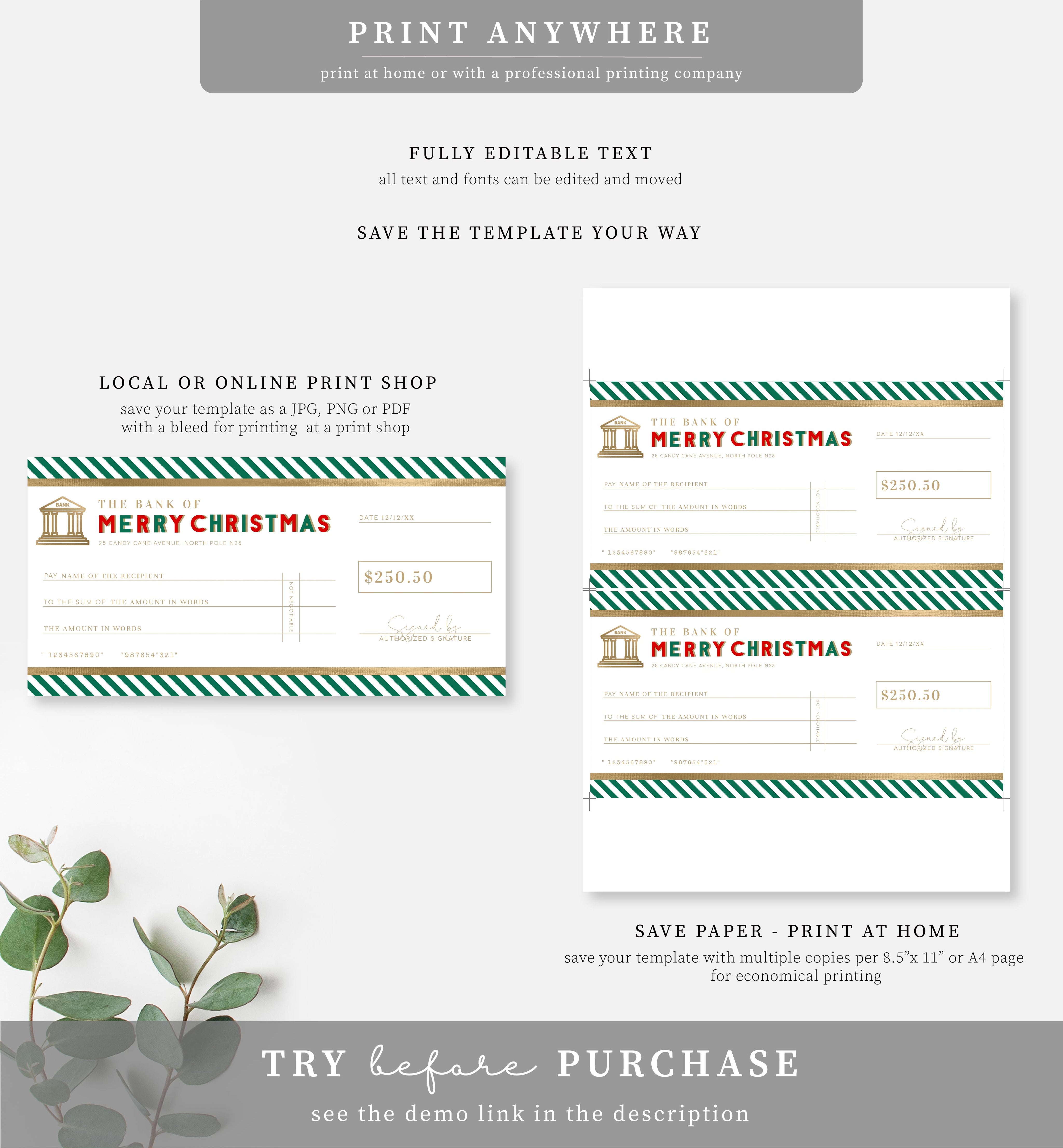 Stripe Green Gold | Printable Christmas Cheque Gift Voucher – Black Bow ...