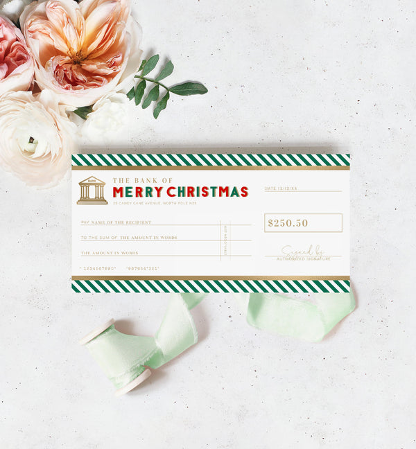 Stripe Green Gold | Printable Christmas Cheque Gift Voucher – Black Bow ...