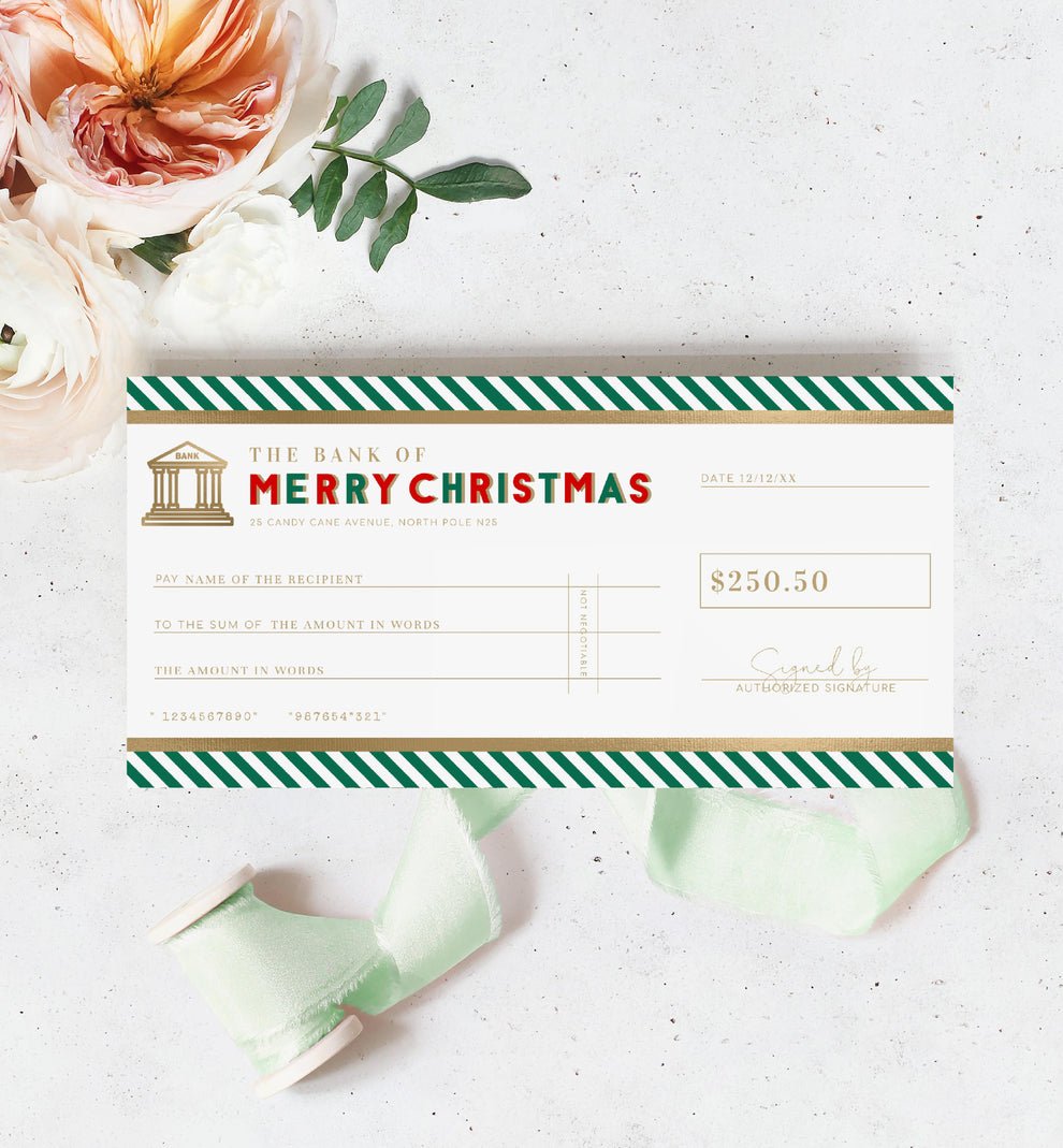 Stripe Green Gold | Printable Christmas Cheque Gift Voucher – Black Bow ...