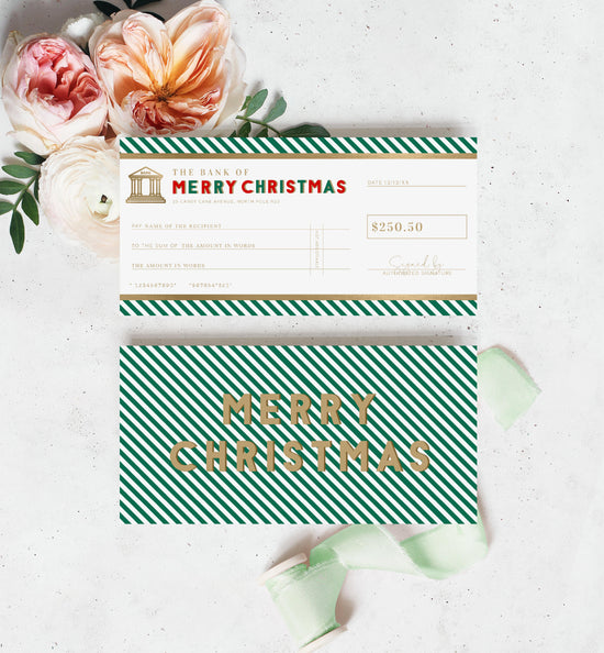 Stripe Green Gold | Printable Christmas Cheque Gift Voucher – Black Bow ...