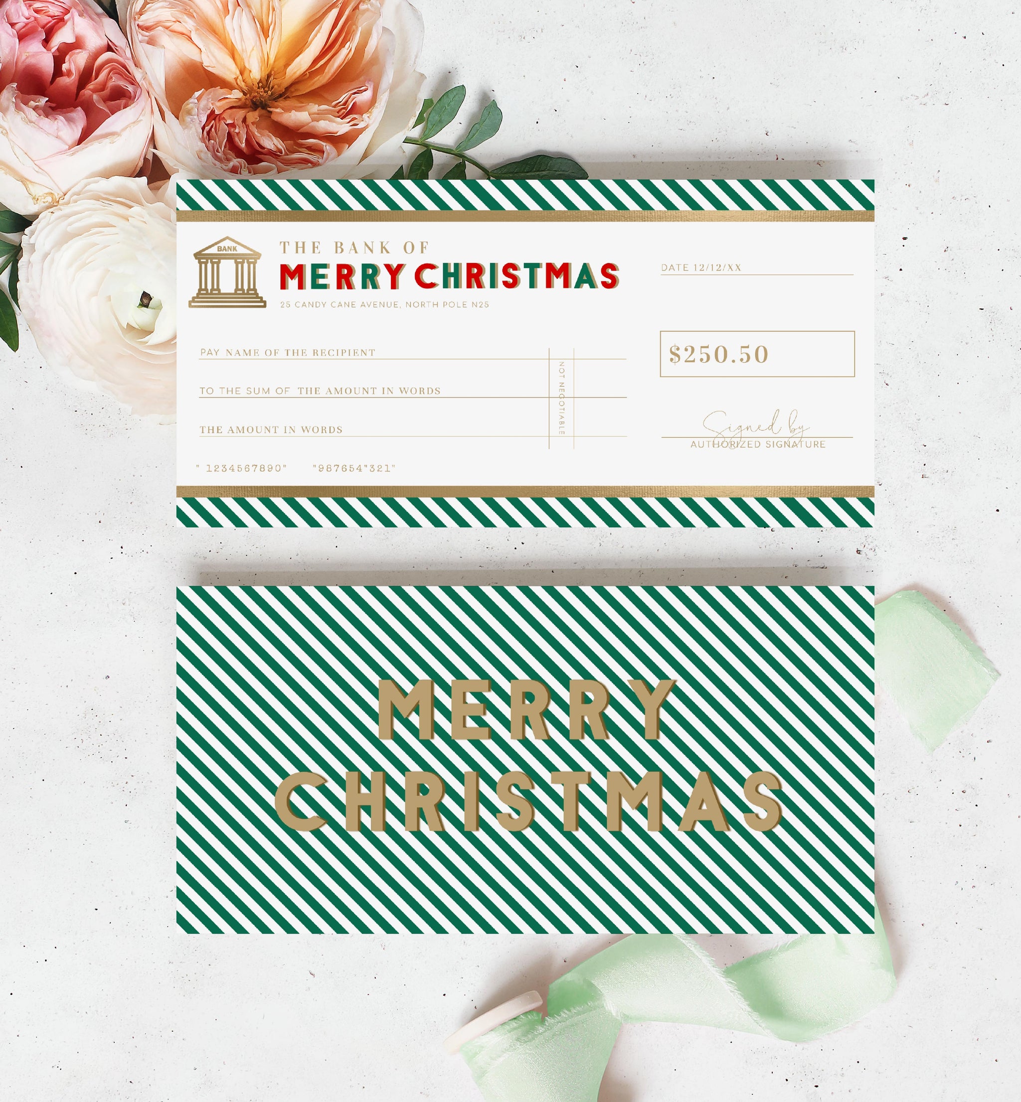 Stripe Green Gold | Printable Christmas Cheque Gift Voucher – Black Bow ...