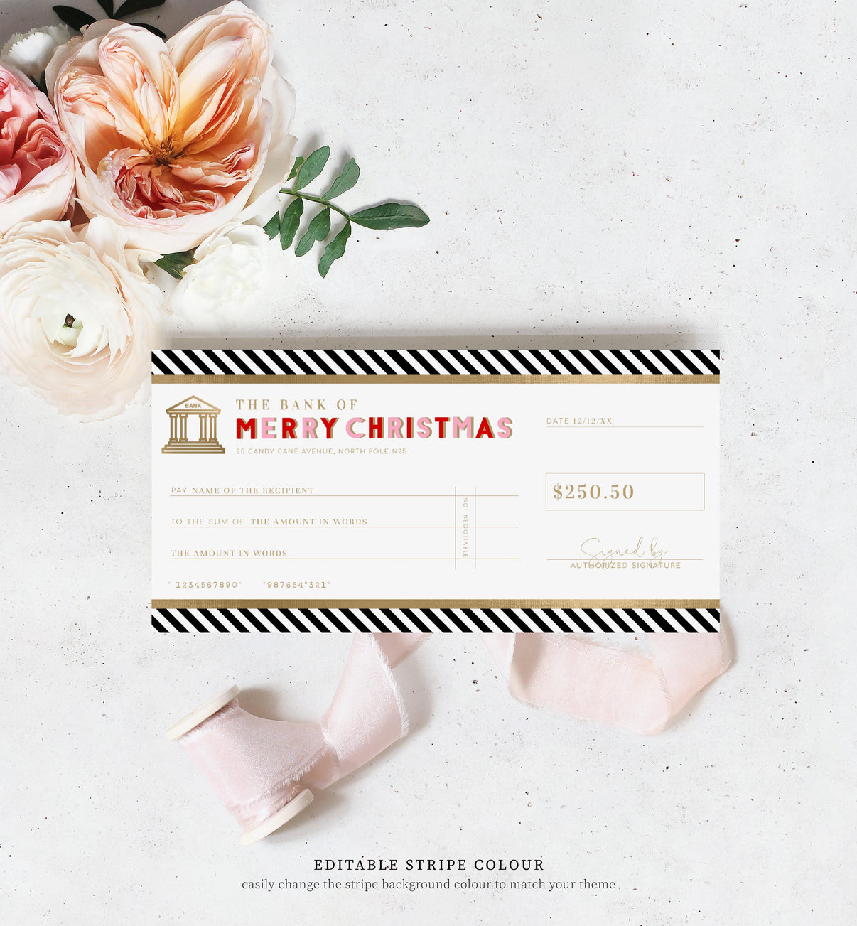 Stripe Pink Gold | Printable Christmas Cheque Gift Voucher – Black Bow ...