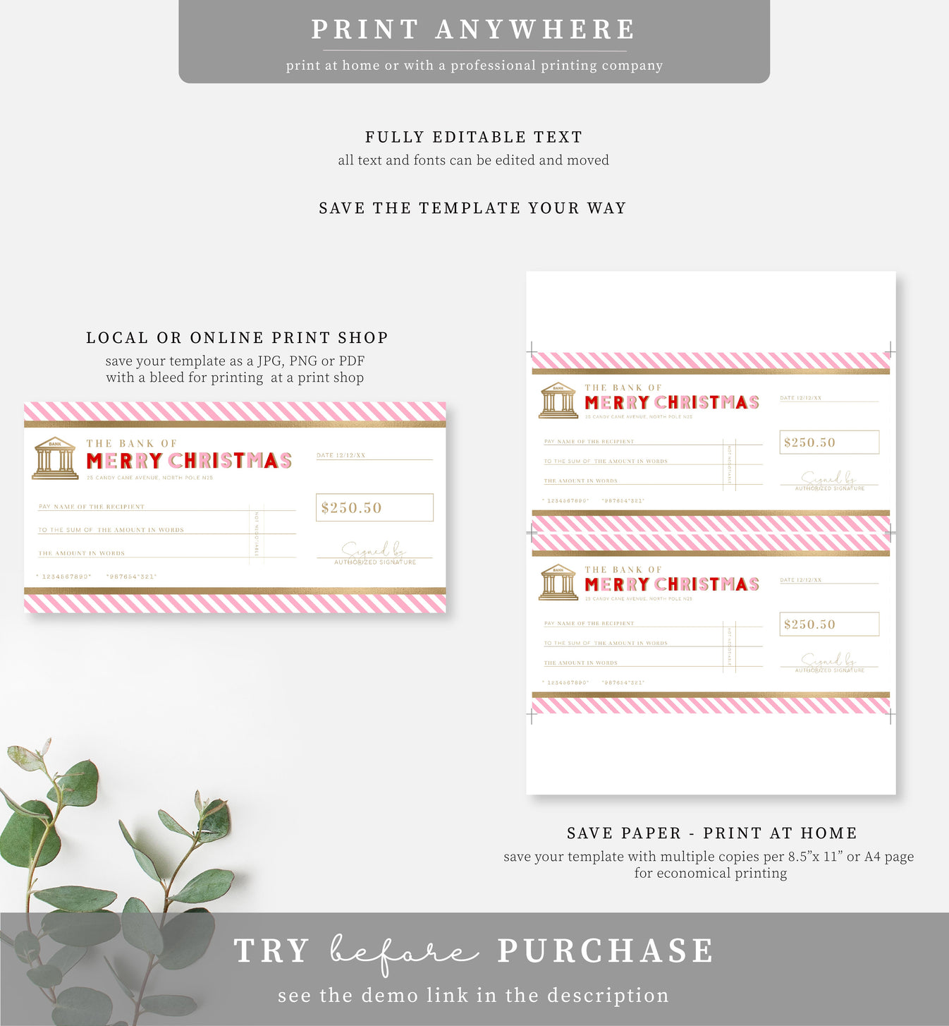 Stripe Pink Gold | Printable Christmas Cheque Gift Voucher – Black Bow ...