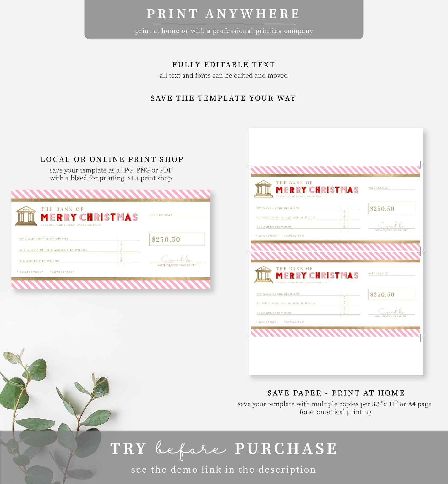 Stripe Pink Gold | Printable Christmas Cheque Gift Voucher – Black Bow ...