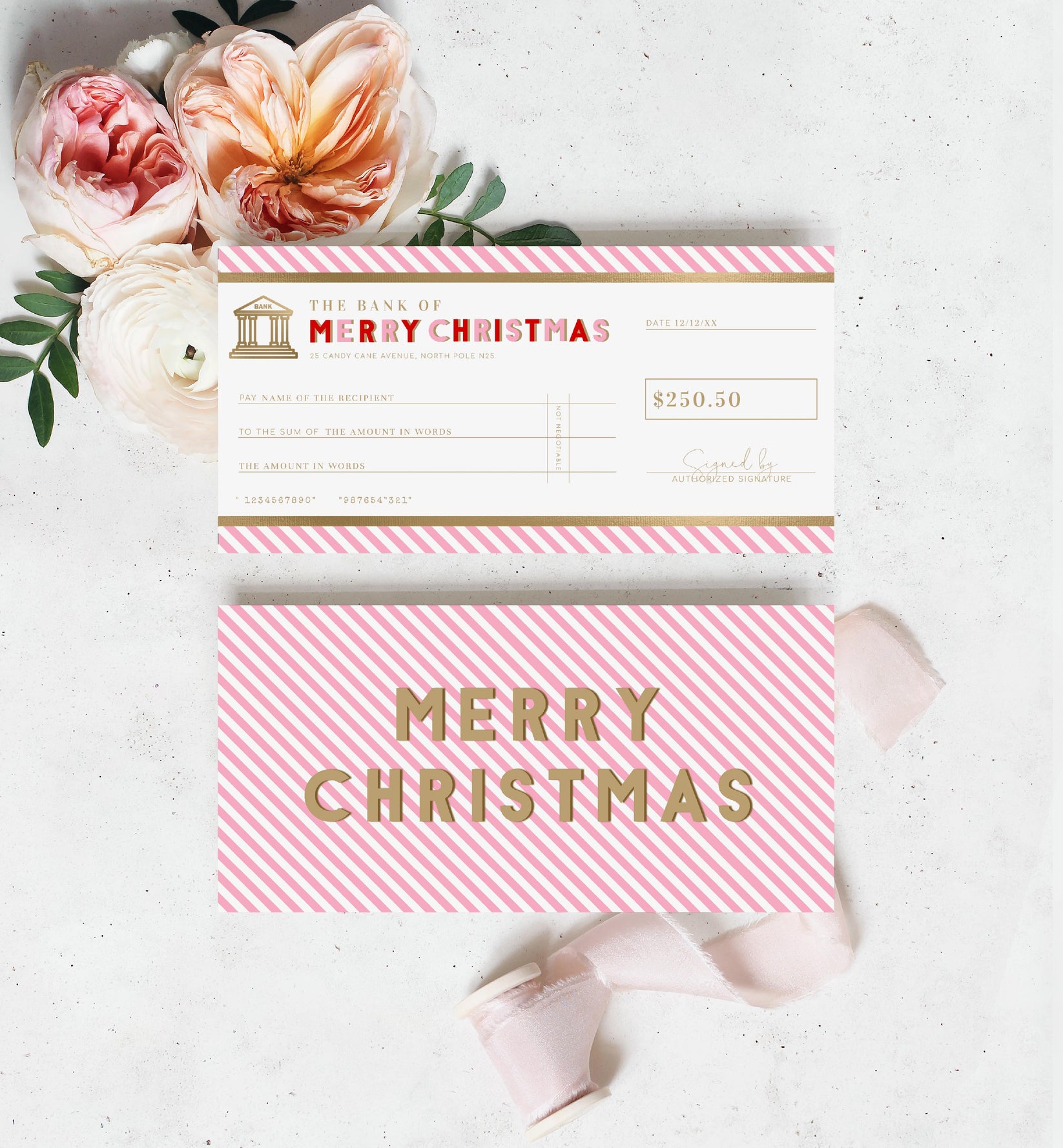 Stripe Pink Gold | Printable Christmas Cheque Gift Voucher – Black Bow ...