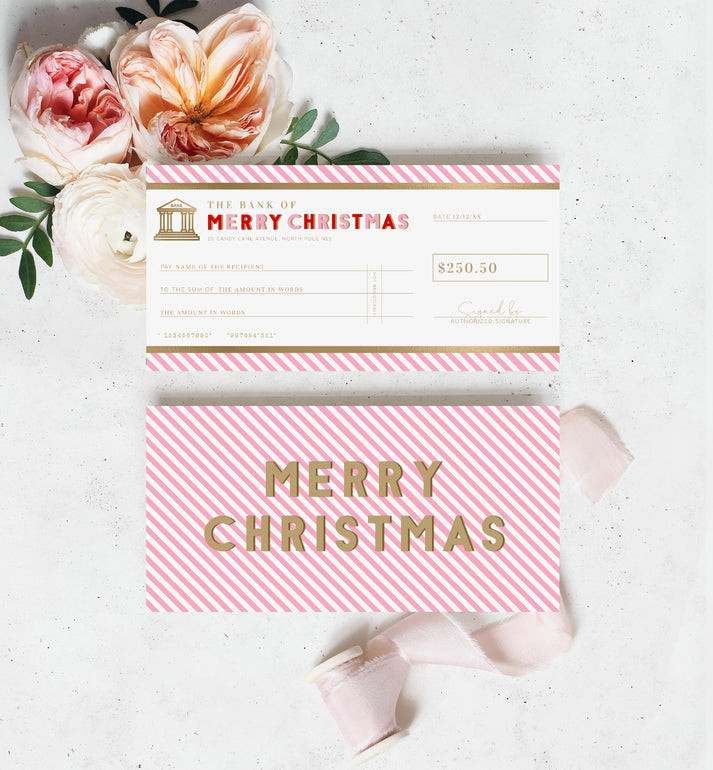 Stripe Pink Gold | Printable Christmas Cheque Gift Voucher – Black Bow ...