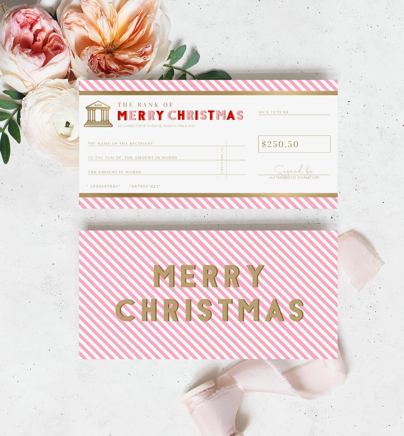 Stripe Pink Gold | Printable Christmas Cheque Gift Voucher – Black Bow ...