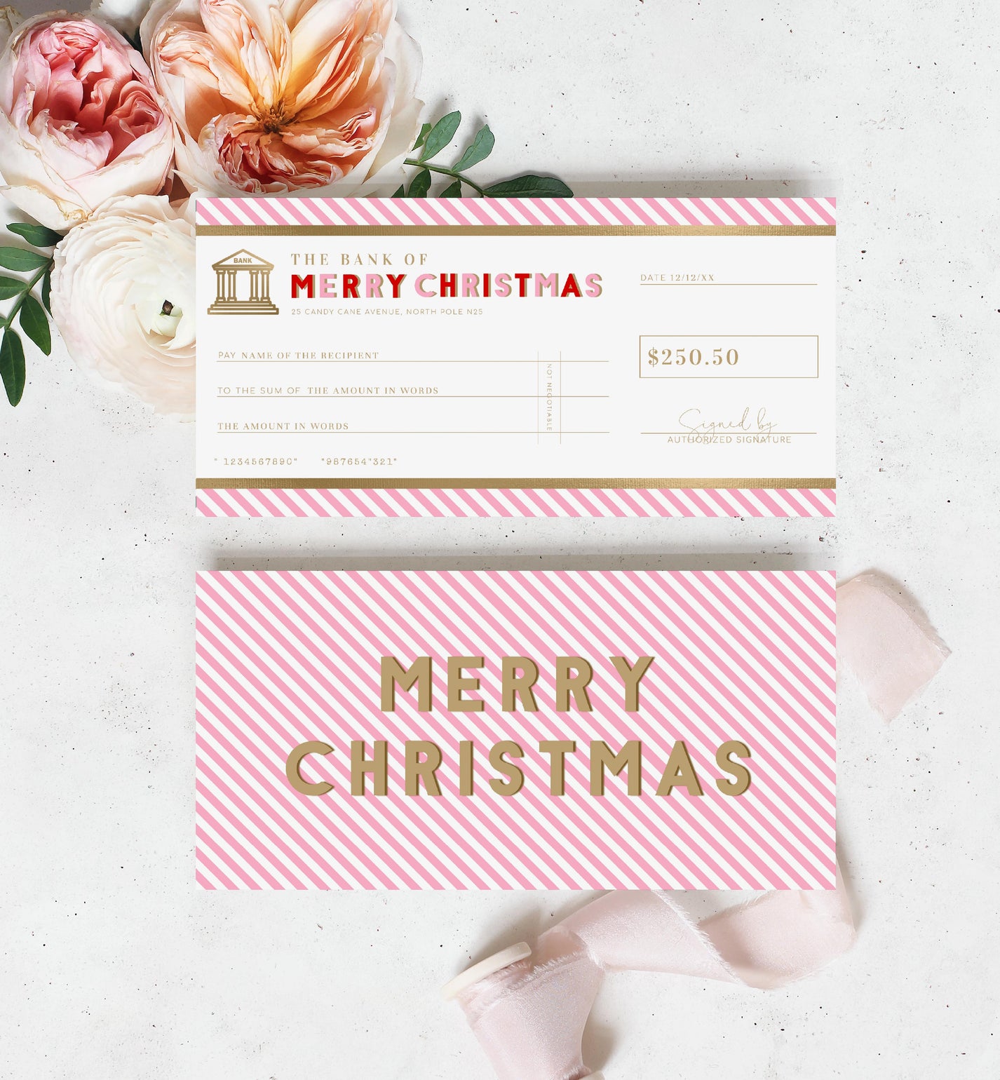 Stripe Pink Gold | Printable Christmas Cheque Gift Voucher – Black Bow ...