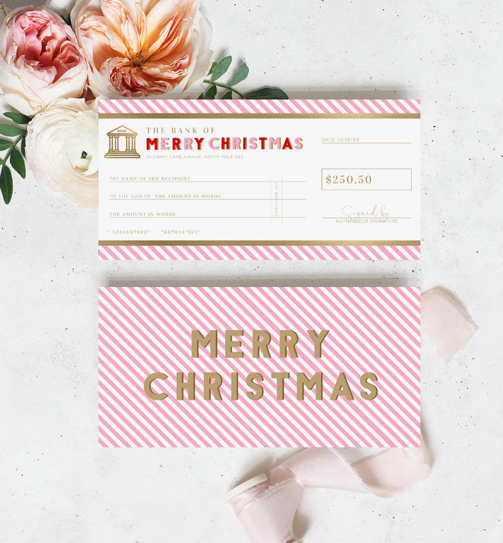 Stripe Pink Gold | Printable Christmas Cheque Gift Voucher – Black Bow ...
