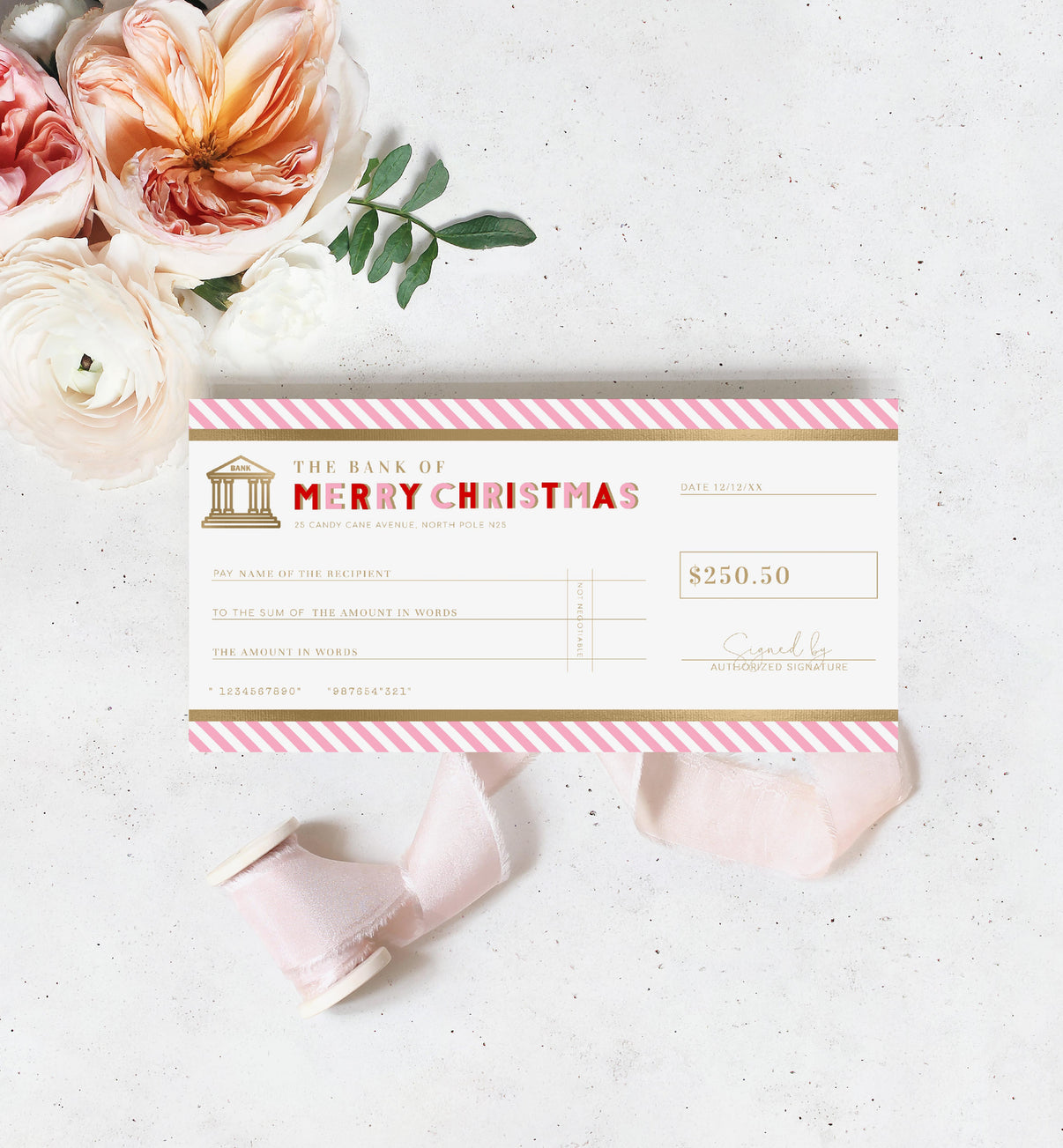 Stripe Pink Gold | Printable Christmas Cheque Gift Voucher – Black Bow ...