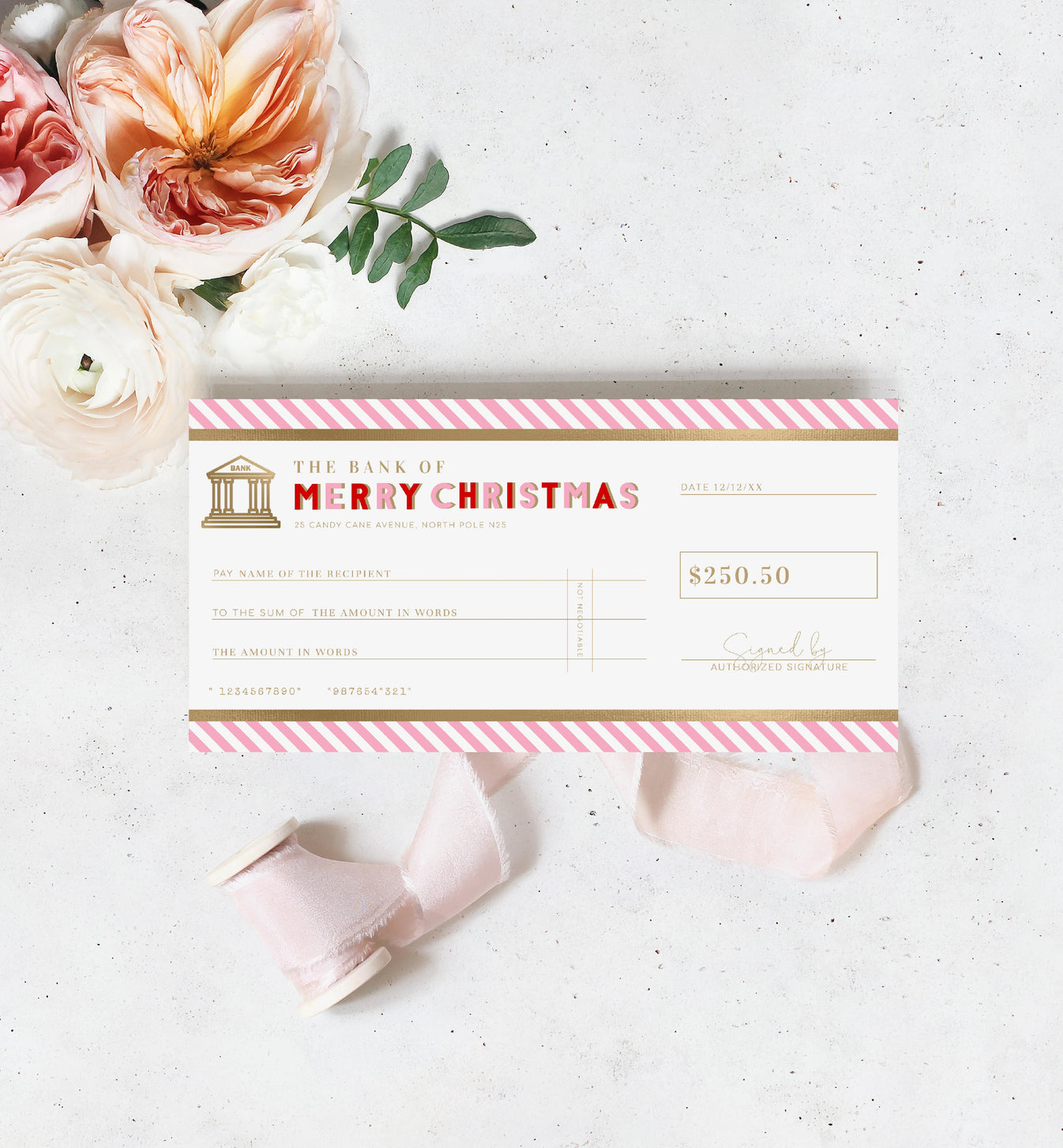 Stripe Pink Gold | Printable Christmas Cheque Gift Voucher – Black Bow ...